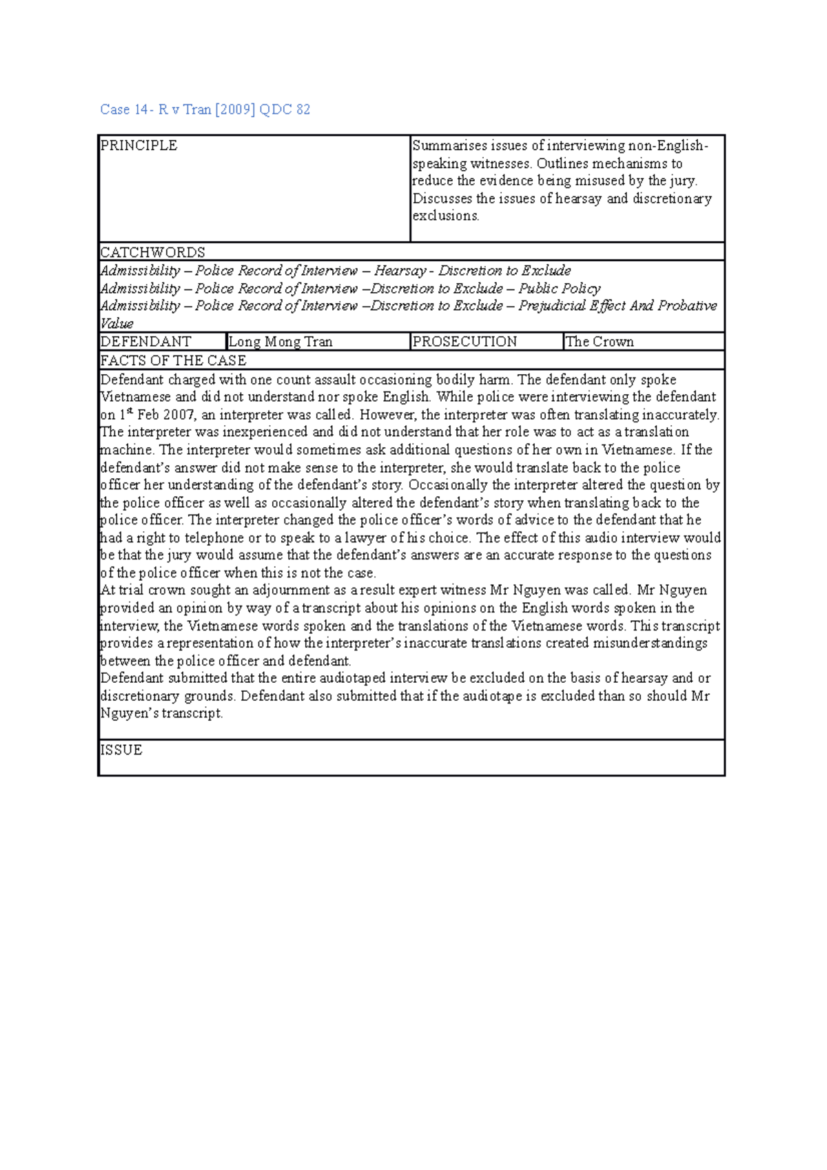 Case 14 - case summaries - Case 14- R v Tran [2009] QDC 82 PRINCIPLE ...