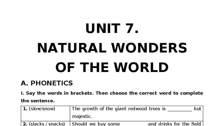 UNIT 7: Natural Wonders of the World - Phonetics & Vocabulary Exercises ...