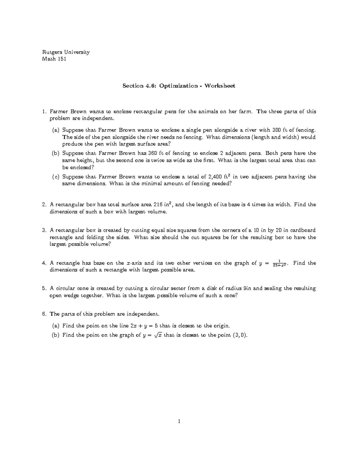 Math 151: Optimization Problems - Lecture Notes for Calc 1 - Studocu