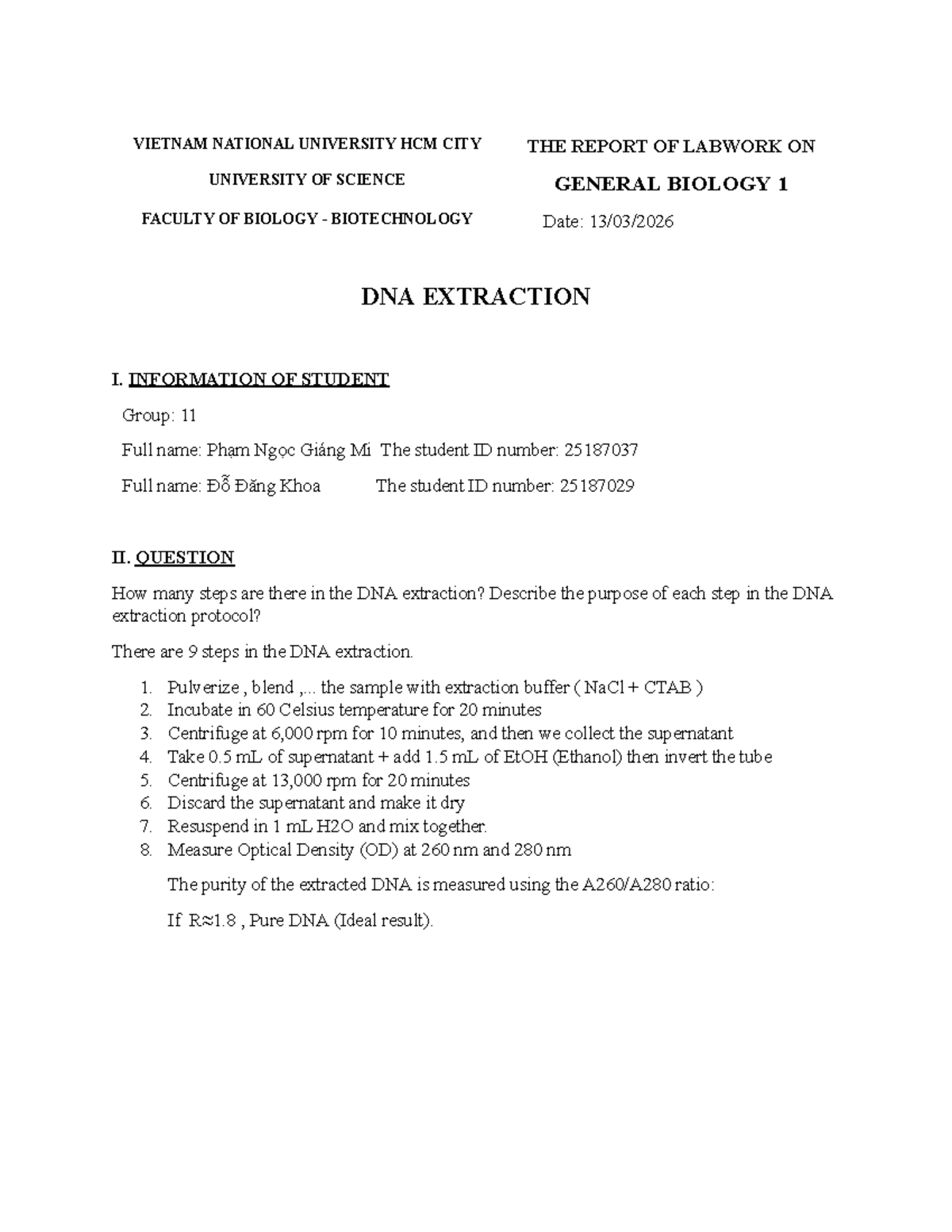 DNA Extraction Lab Report - General Biology 1 (BIOL101) - Studocu