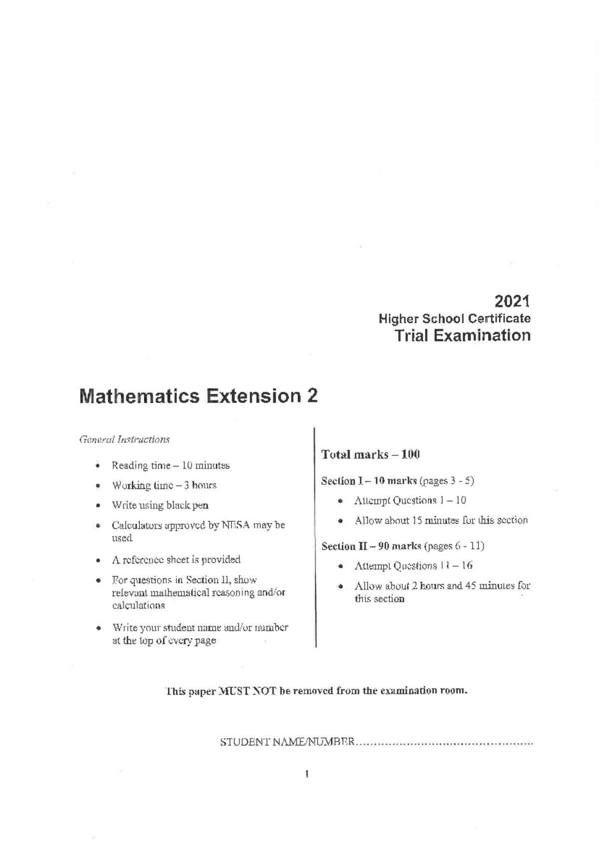 12 Ext 2 Exam - Past Paper: 2021 HSC Trial Mathematics Exam - Studocu