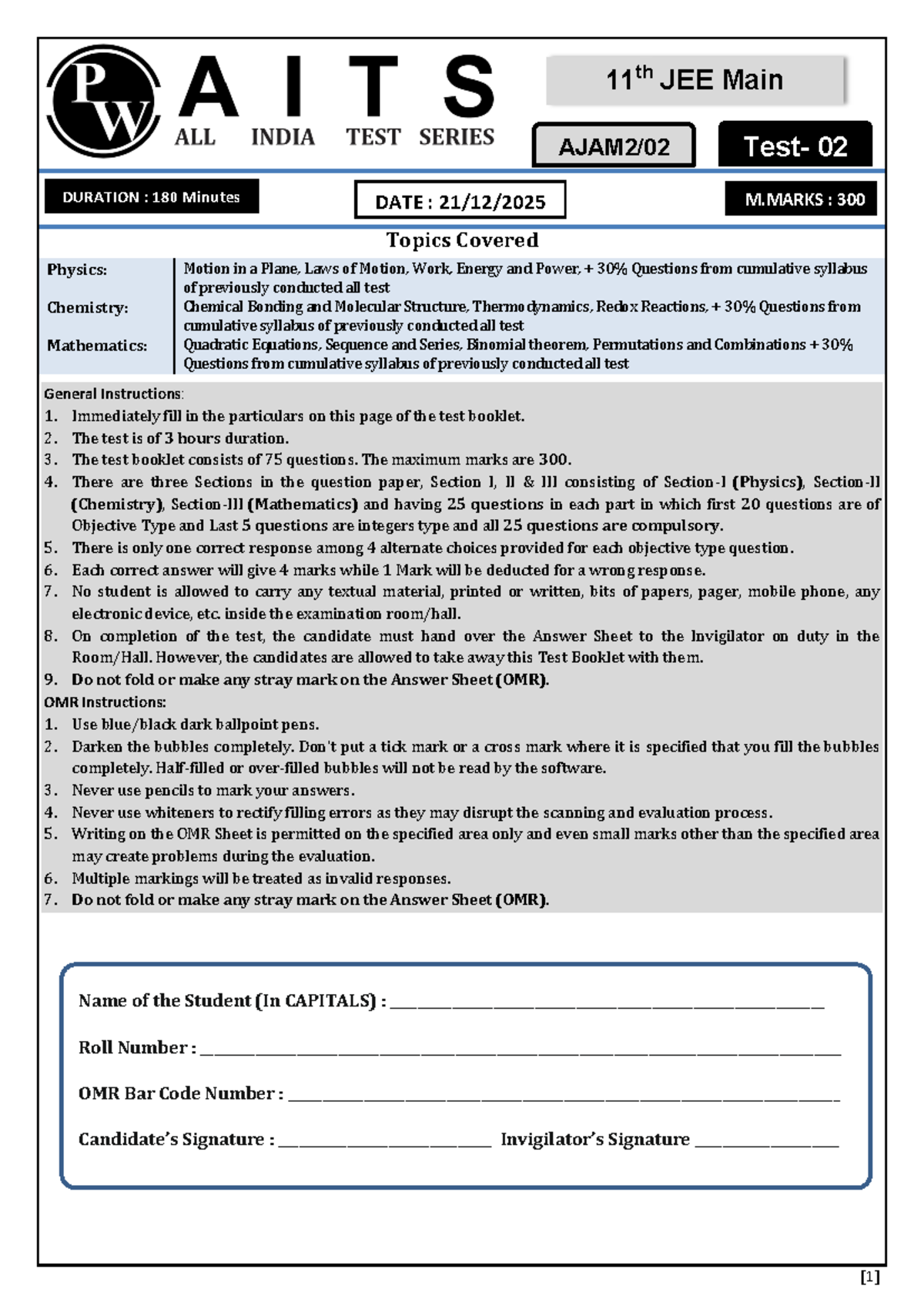 AITS Test - 02: JEE Main Exam Paper with Physics, Chemistry, Math - Studocu
