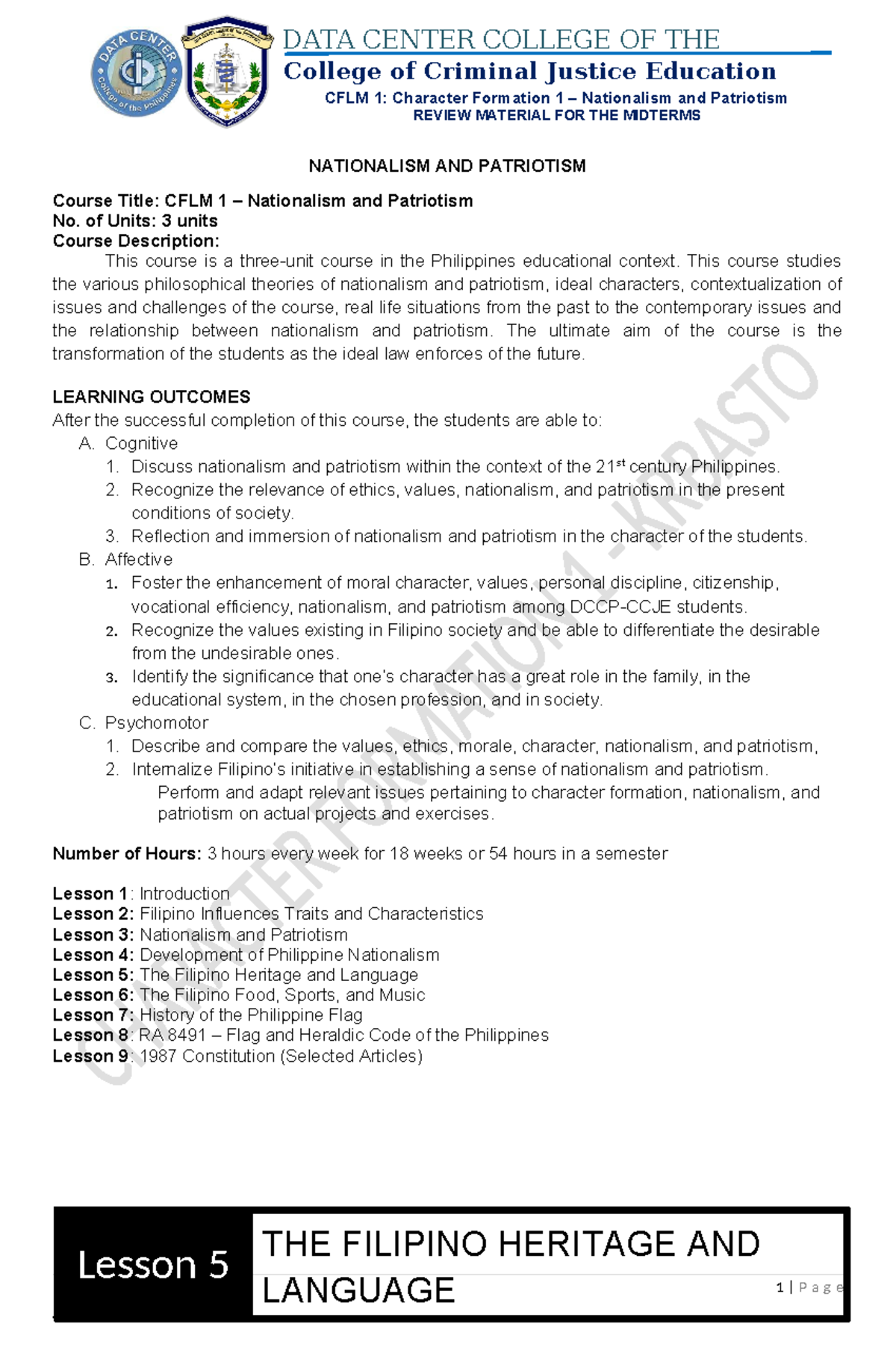 CFLM 1: Midterm Review on Nationalism and Patriotism in the Philippines - Studocu