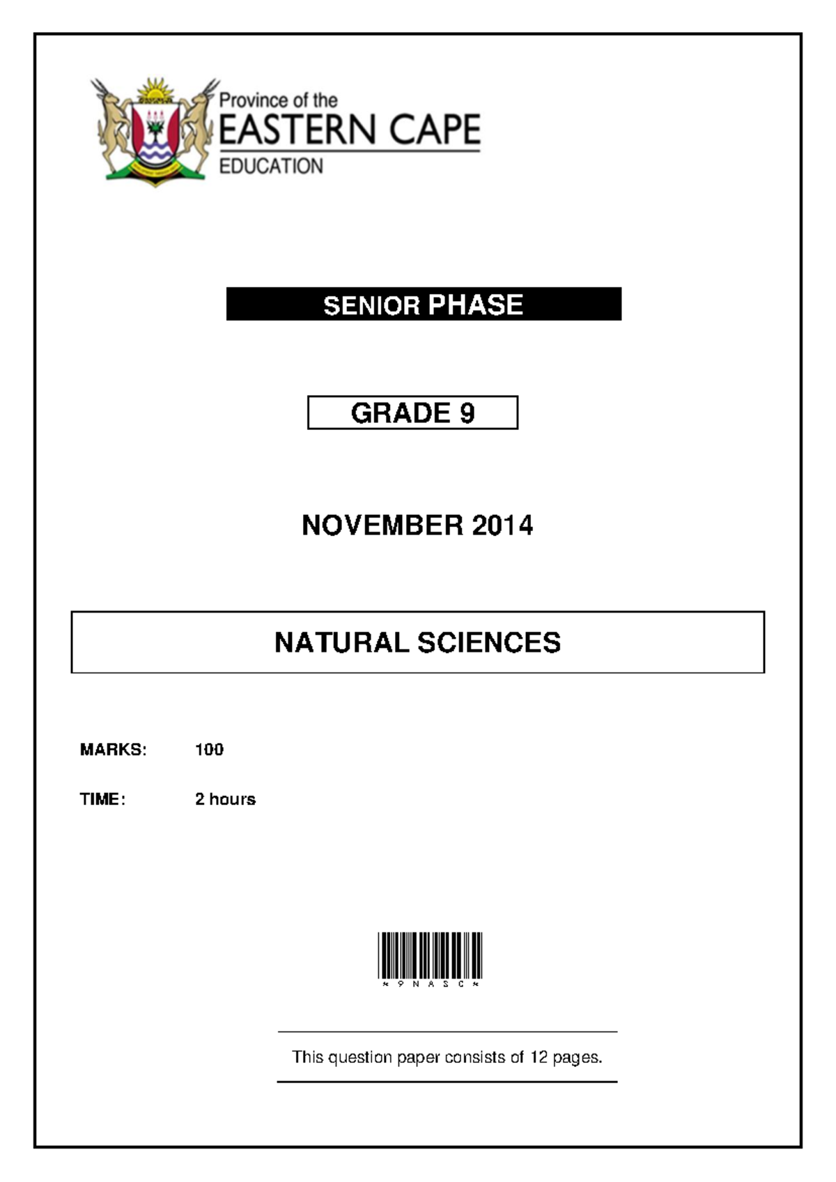 Natural Sciences Grade 9 November 2014 Question Paper - Studocu