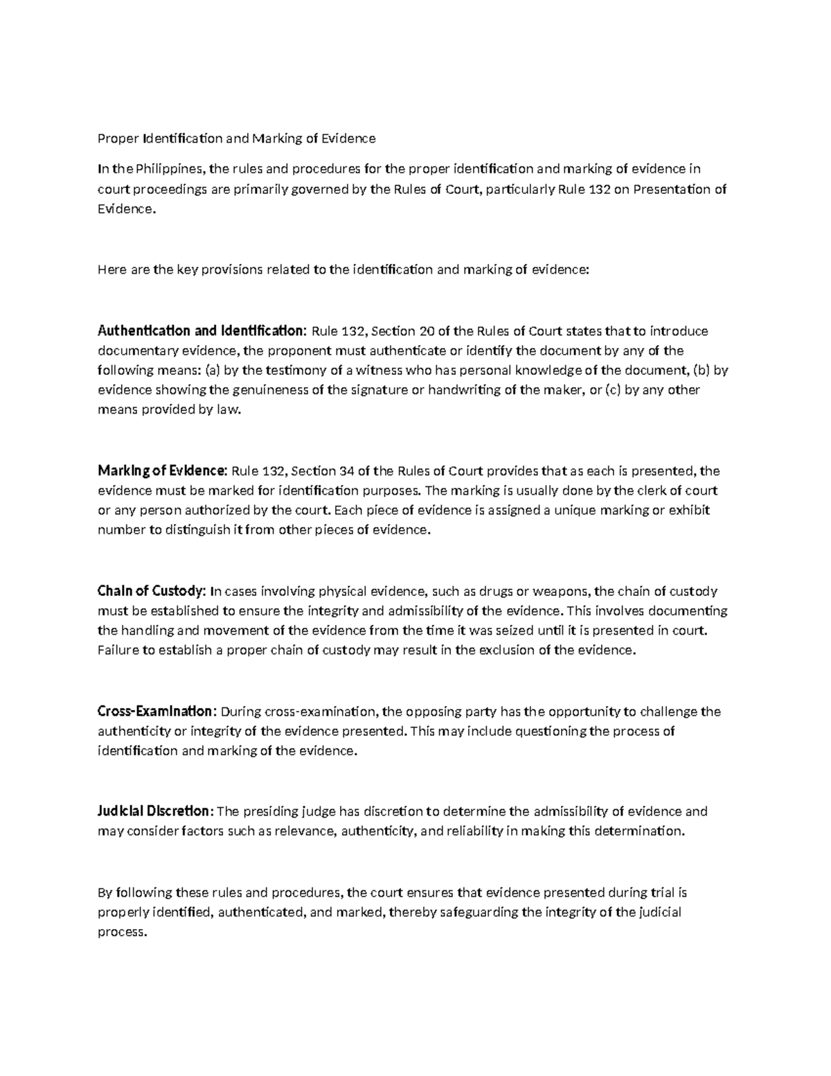 Proper Identification & Marking of Evidence in Court Rules - Studocu