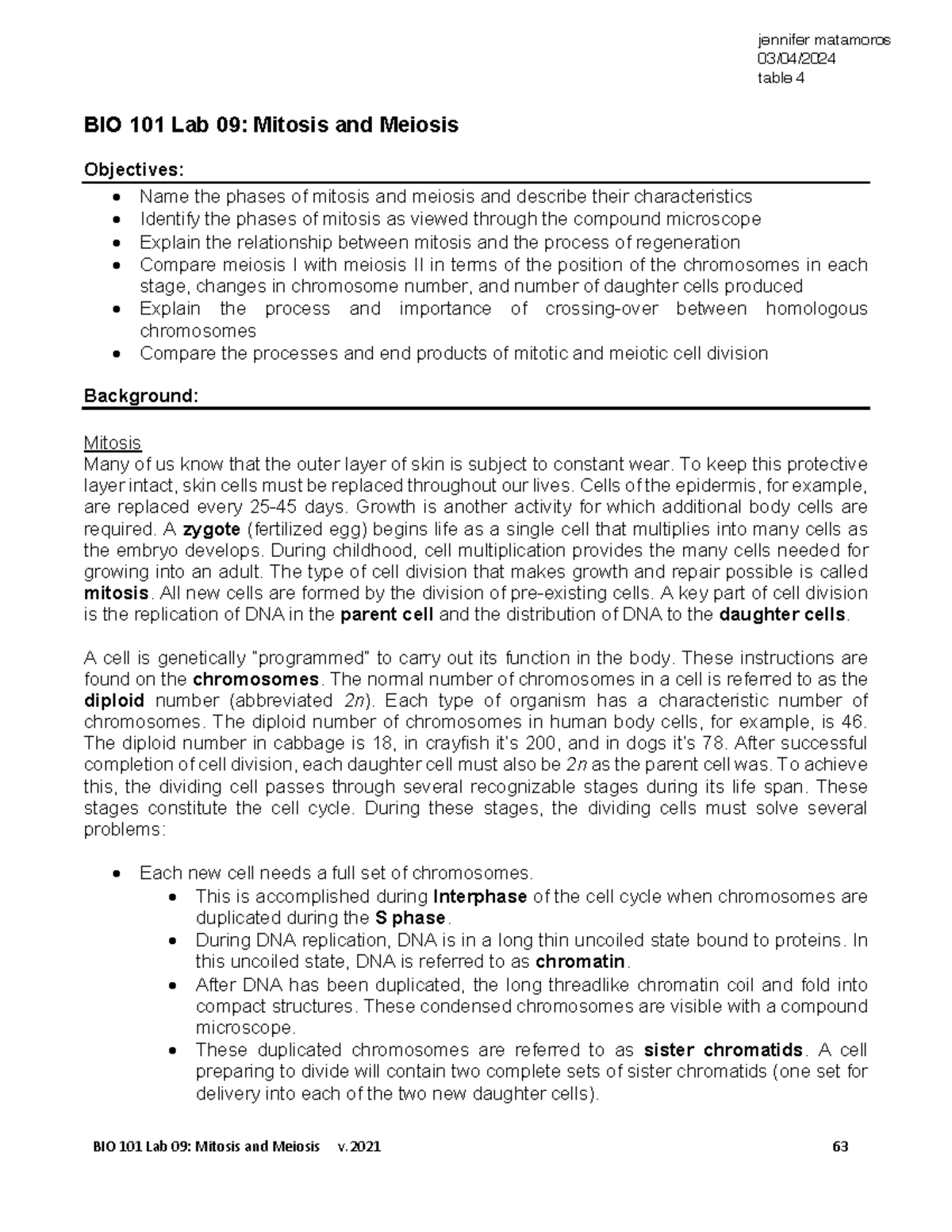 BIO101 Lab 09: Mitosis & Meiosis Worksheets for Spring 2022 - Studocu