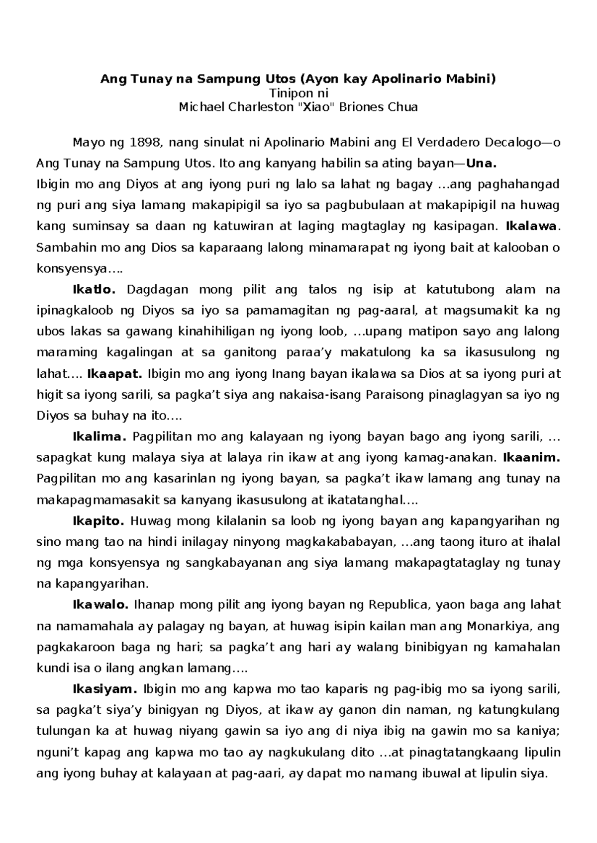Ang Tunay na Sampung Utos ni Apolinario Mabini (Mayo 1898) - Studocu