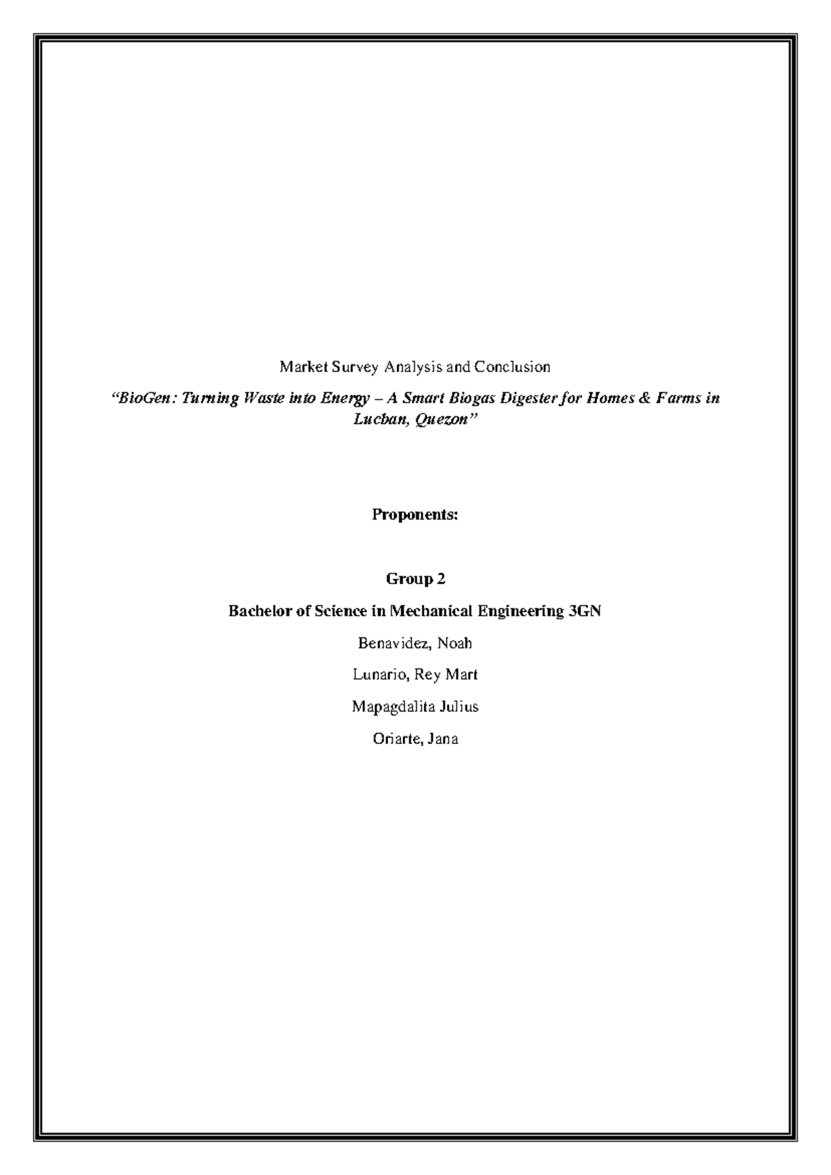 Market Survey Analysis: BioGen Smart Biogas System for Homes & Farms in Lucban, - Studocu