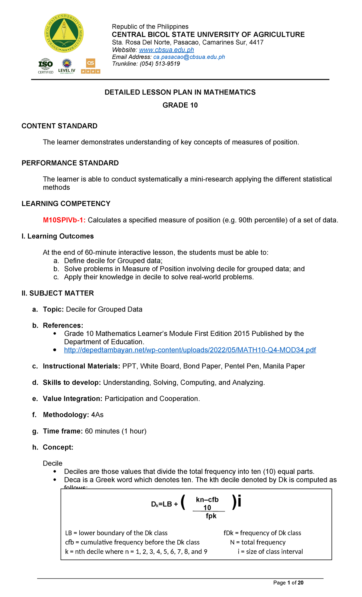 Detailed Lesson Plan: Deciles for Grouped Data in Math (Grade 10) - Studocu