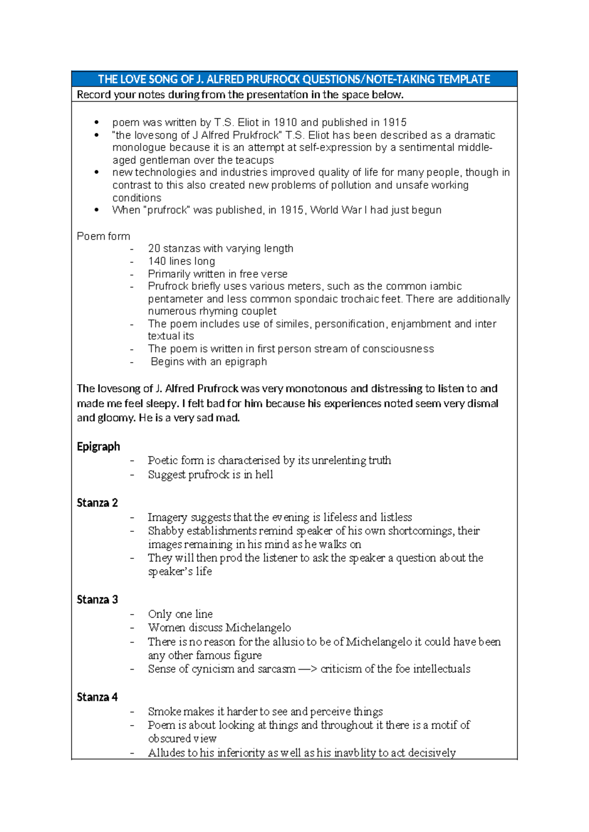 THE LOVE SONG OF J. ALFRED PRUFROCK: Questions & Note-Taking Template ...
