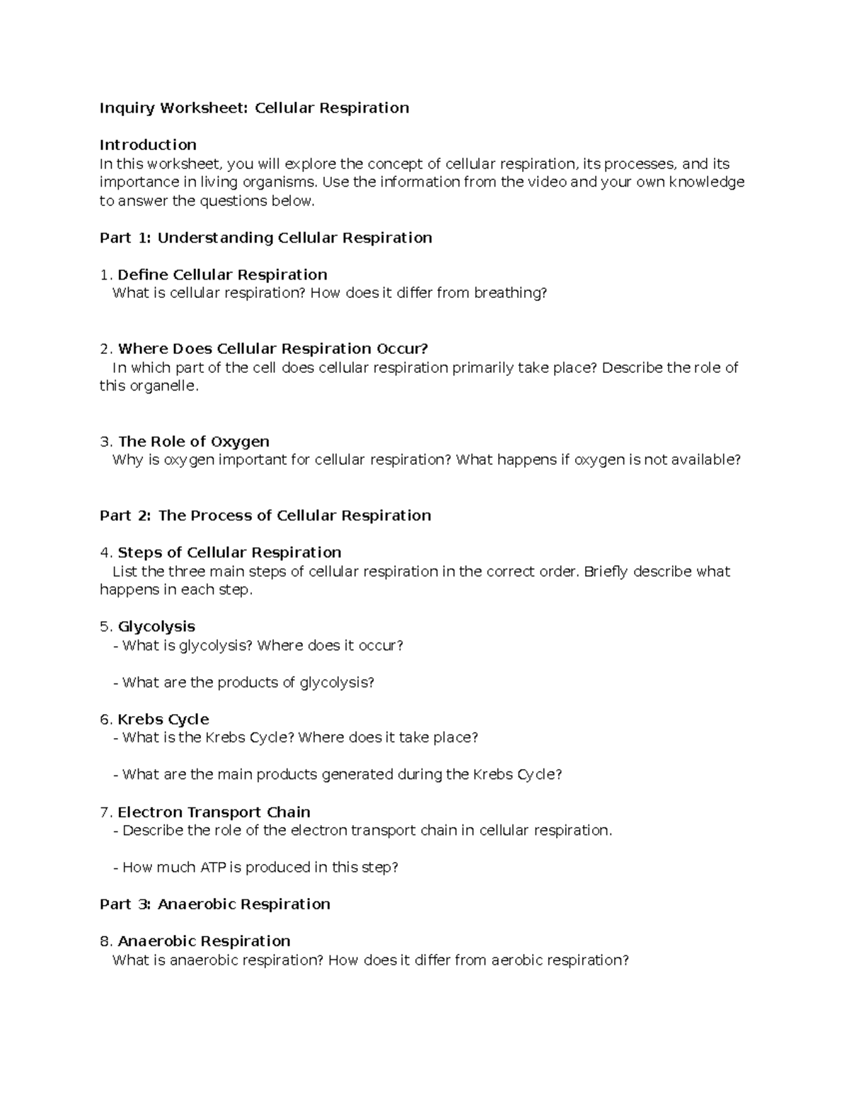 Inquiry Worksheet - Cellular Respiration - Inquiry Worksheet: Cellular ...