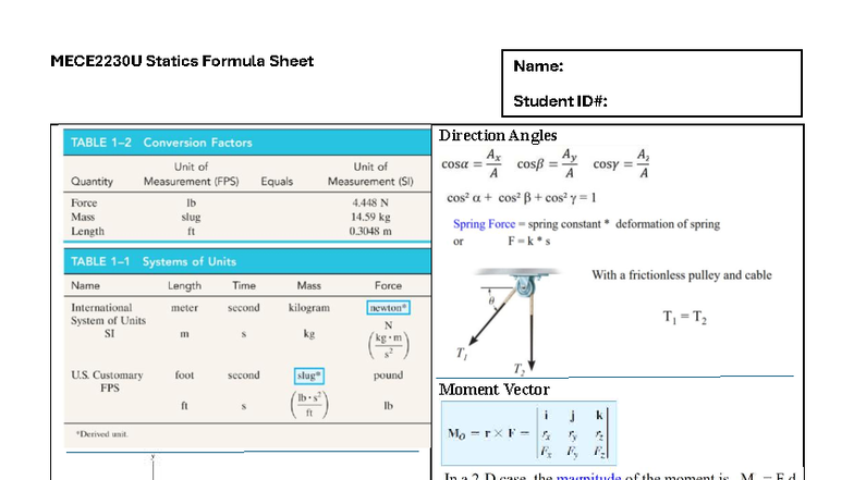 MECE2230U Final Formula Sheet for Statics Concepts - Studocu