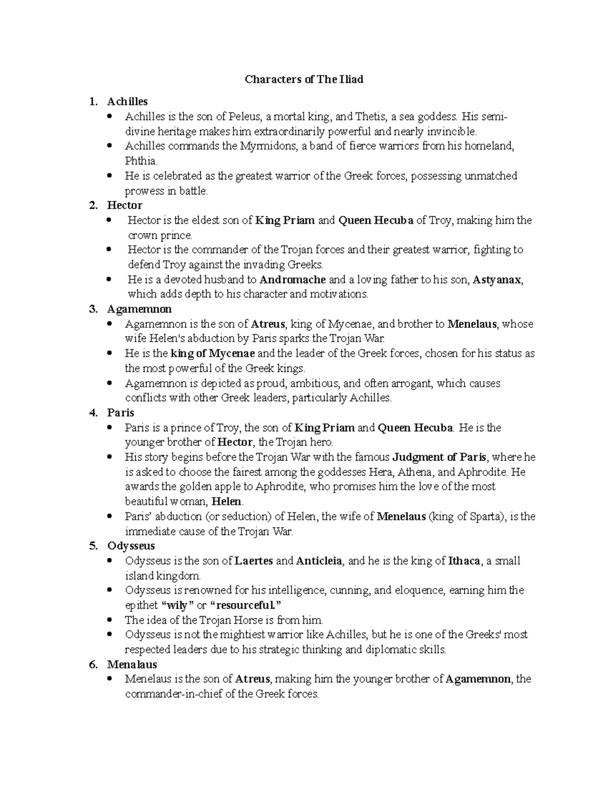 Iliad Character Analysis: Key Figures and Their Roles - Studocu