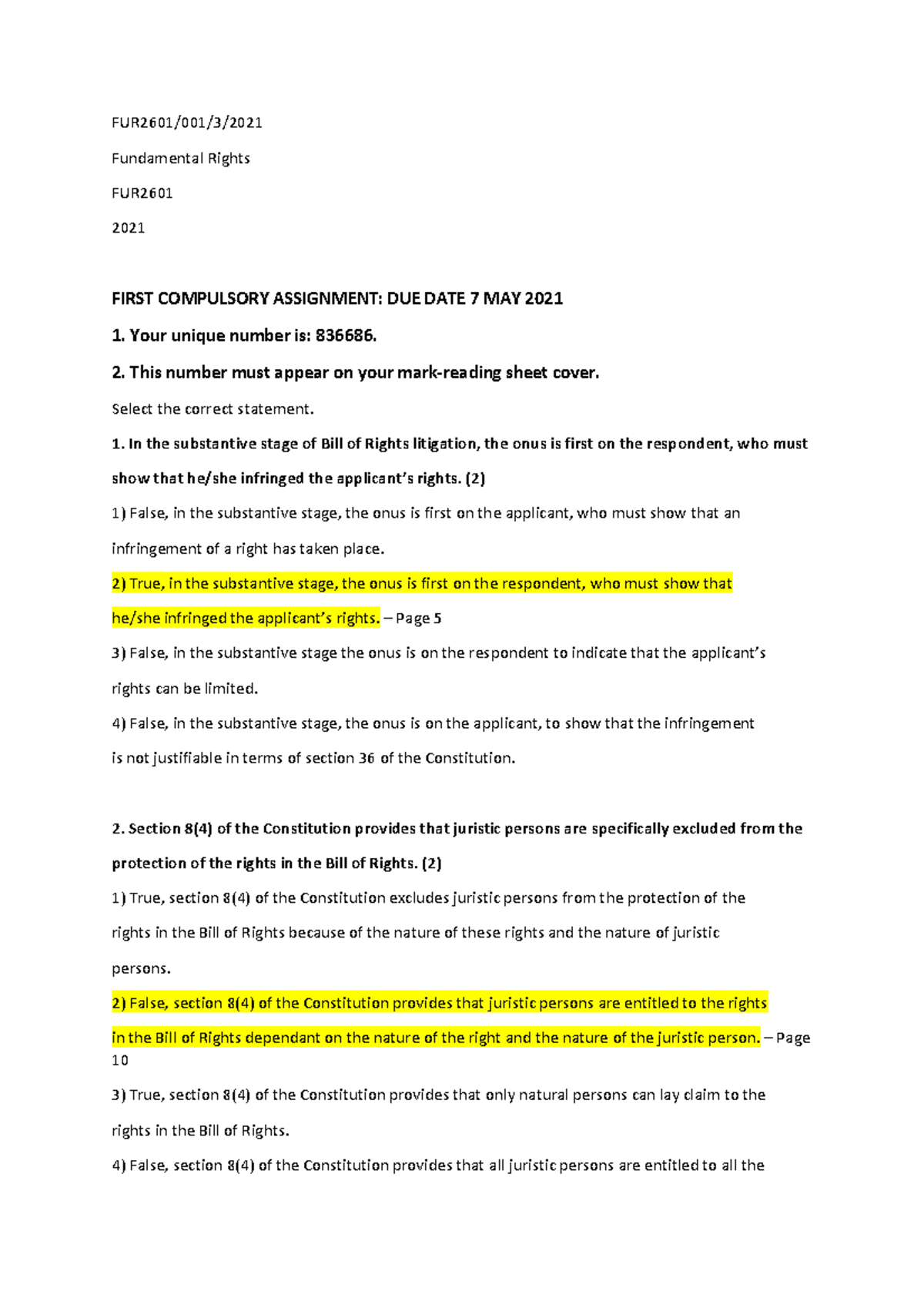 FUR2601 Assignment 1: Fundamental Rights Review 2021 - Studocu