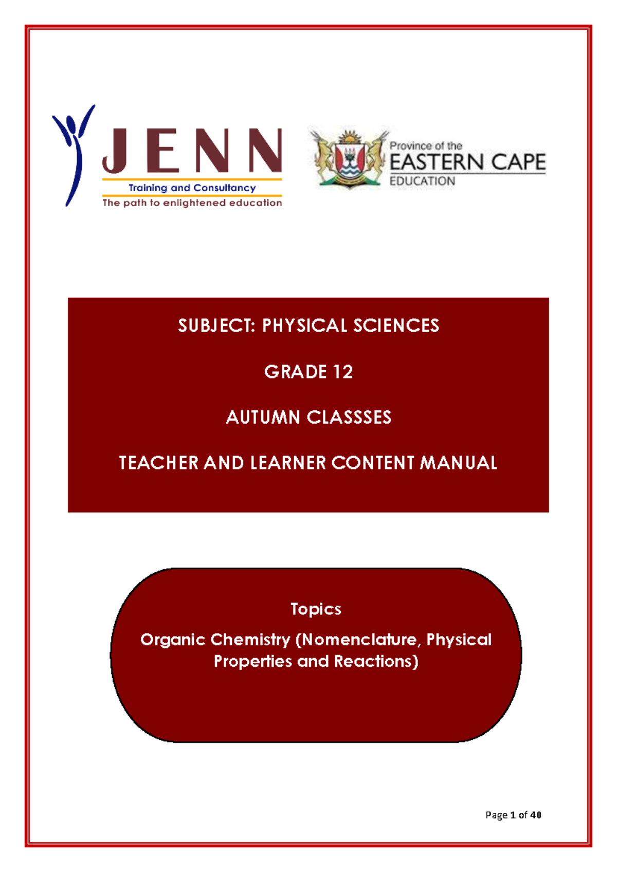 Organic Chemistry Concepts: Grade 12 Autumn Classes 2024 Guide - Studocu