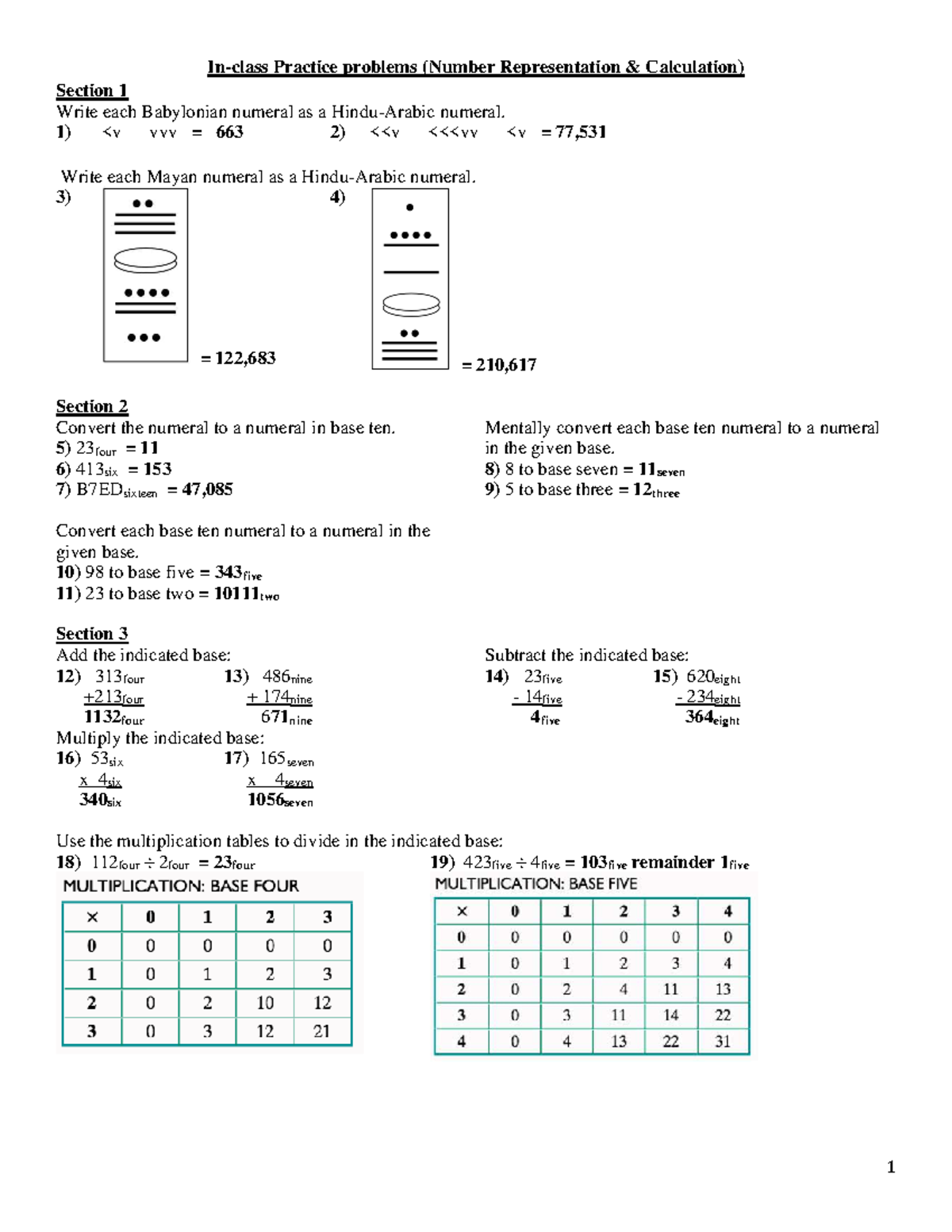 In Class Practice Problems Number Representation Calc Answers 1