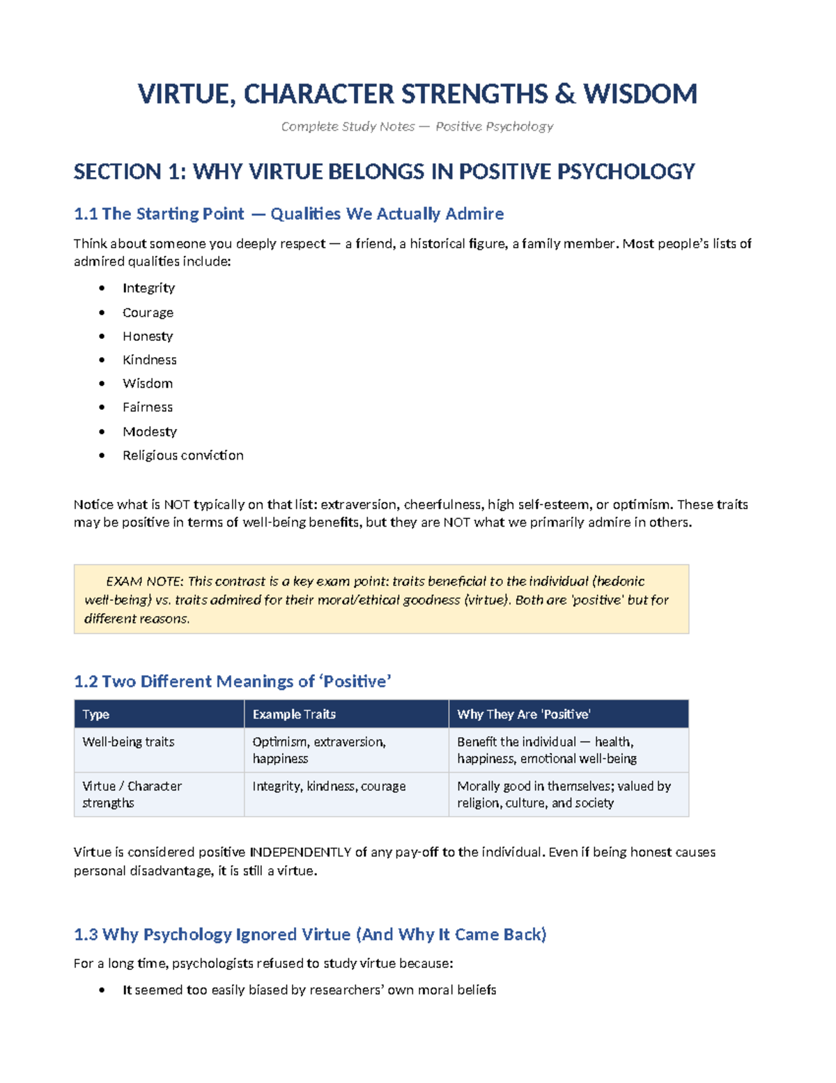 VIRTUE & CHARACTER STRENGTHS IN POSITIVE PSYCHOLOGY: STUDY NOTES - Studocu