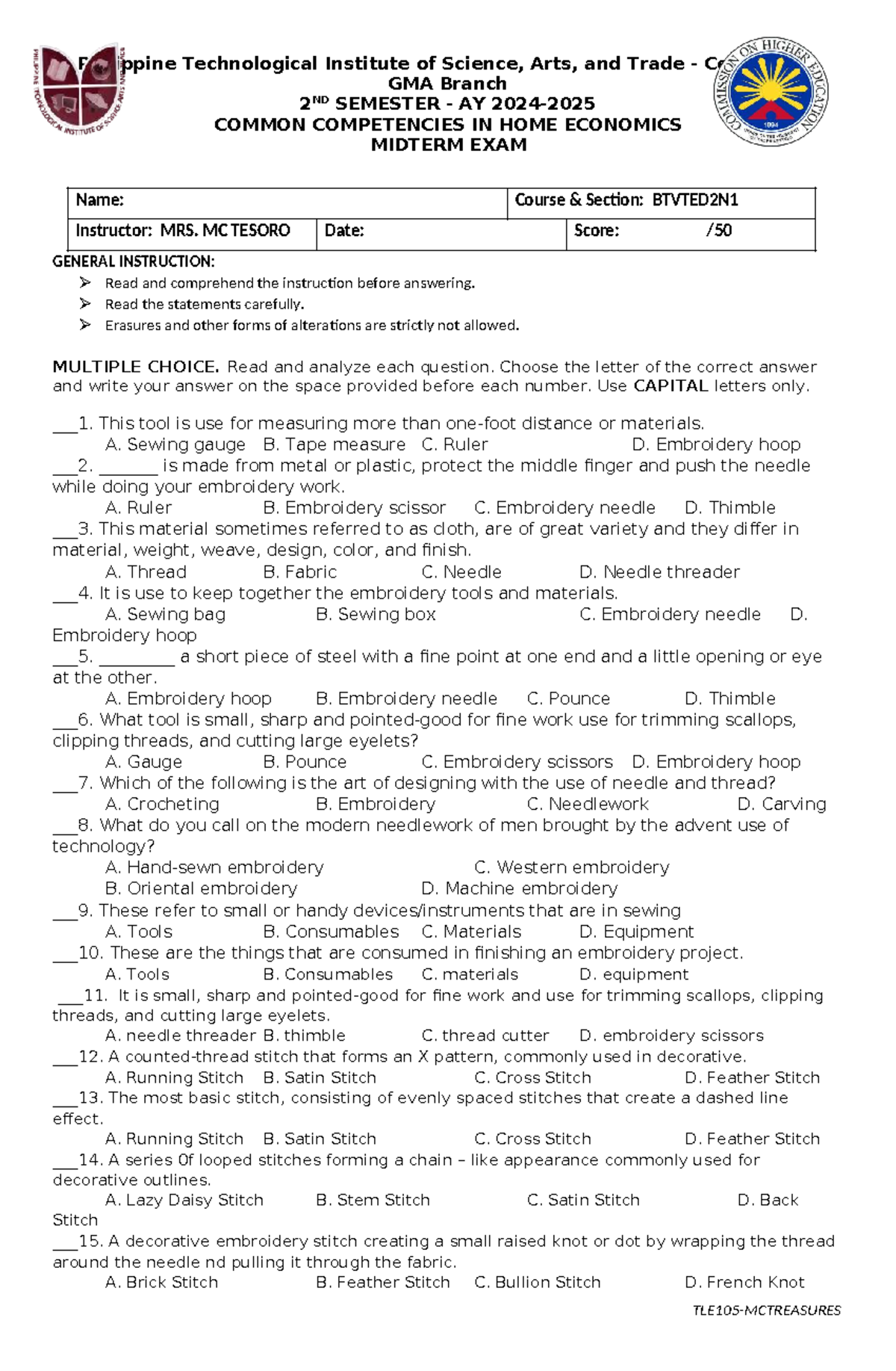 TLE105 - Home Economics Midterm Exam Reviewer for 2nd Semester AY - Studocu
