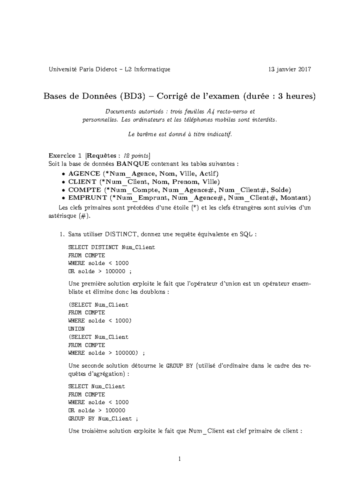 Examen BD3 - Corrigé de l'examen de Bases de Données - L2 Informatique - Studocu