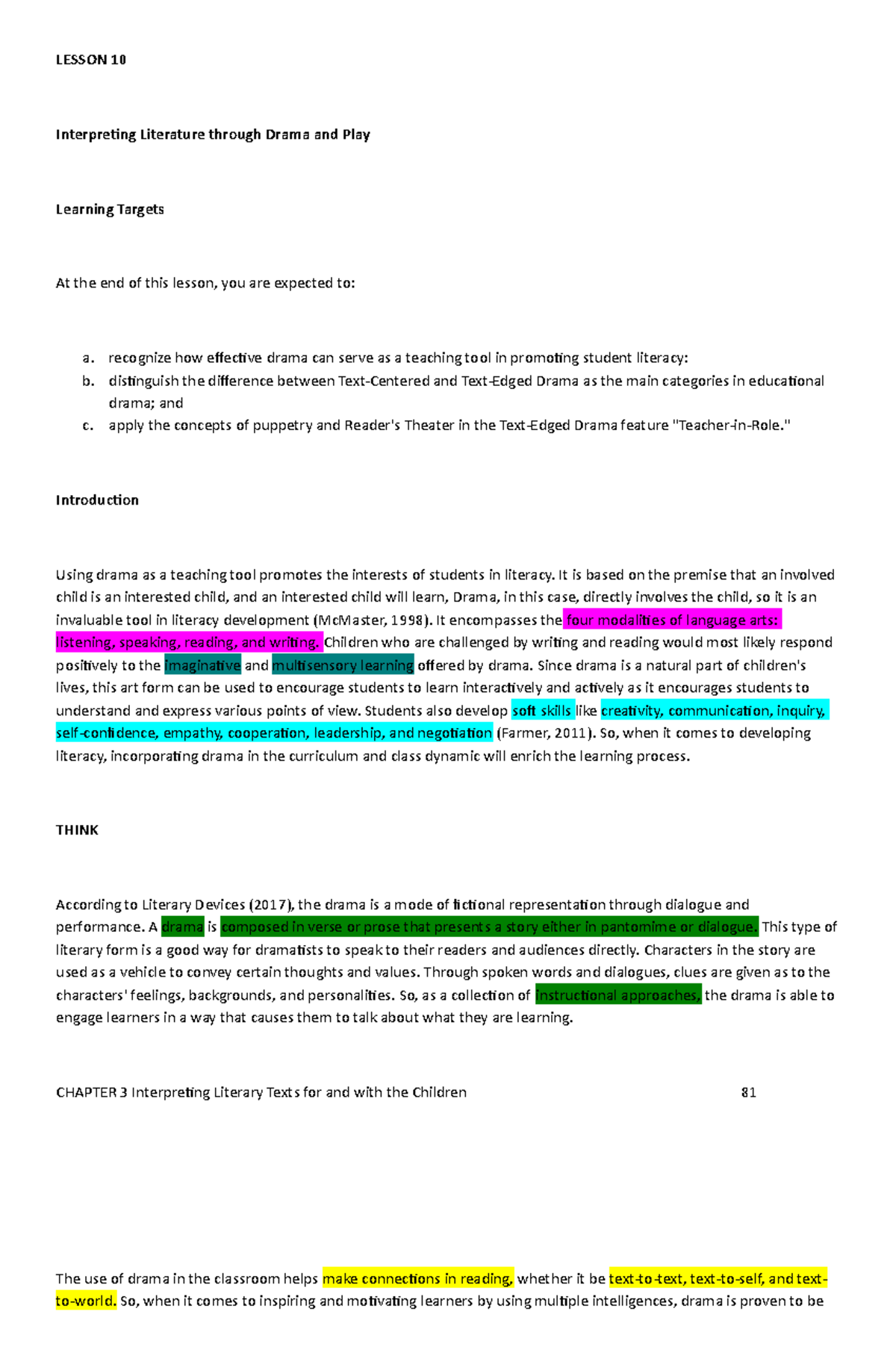 Lesson 10: Engaging Learners in Literacy Through Drama & Play - Studocu