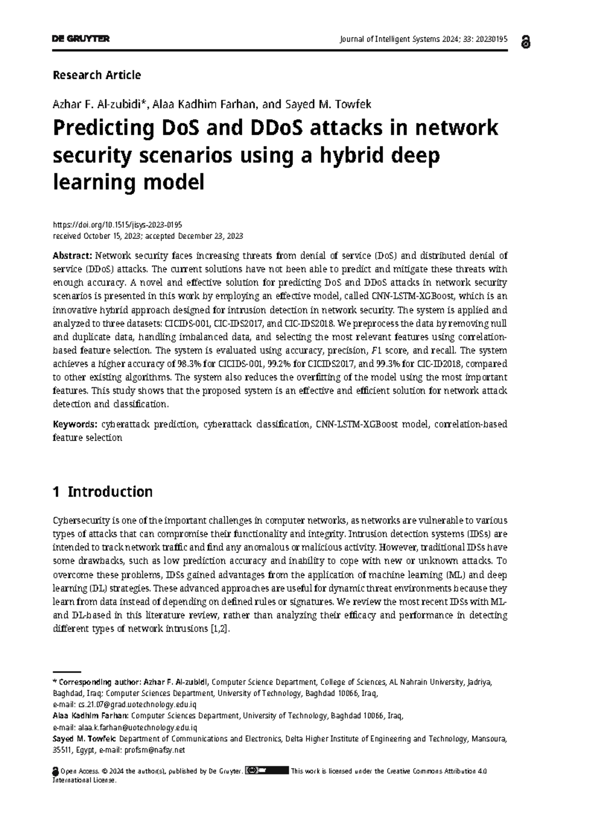 Predicting Do S and DDo S attacks in network security scenarios using a hybrid deep learning ...