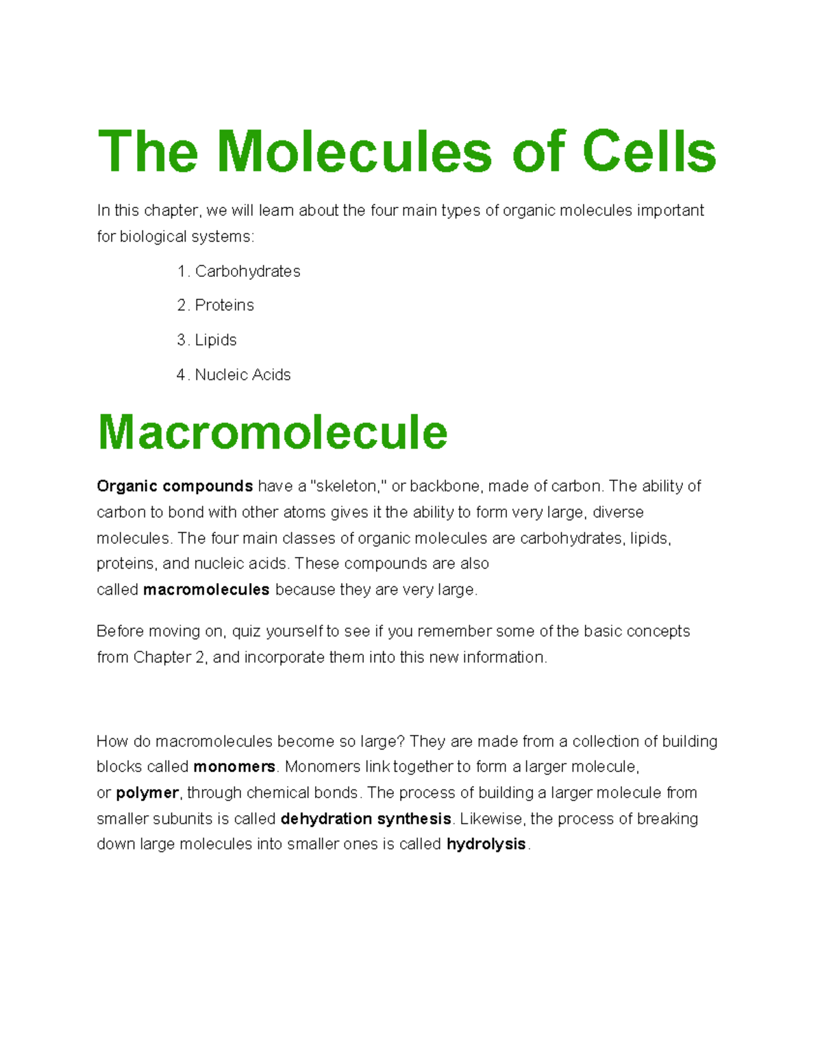 Biological Macromolecules: Structure & Function - Chapter Overview - Studocu