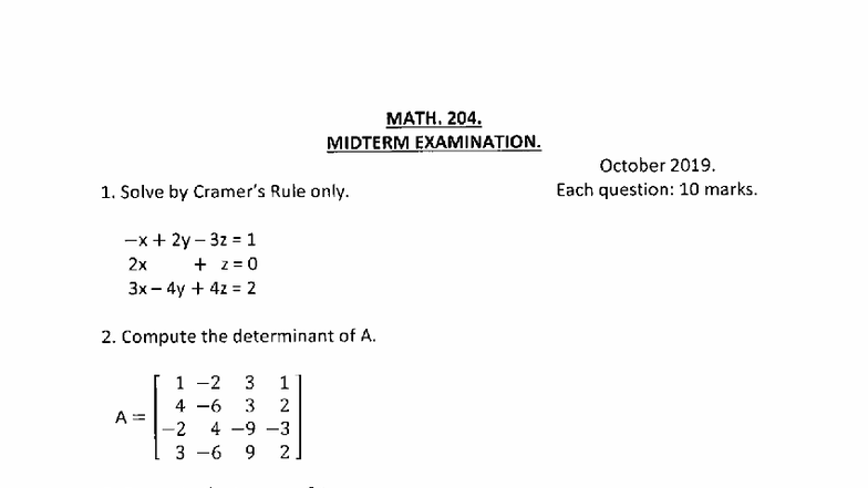 MATH 204 Midterm Exam Solutions - October 2019 - Studocu