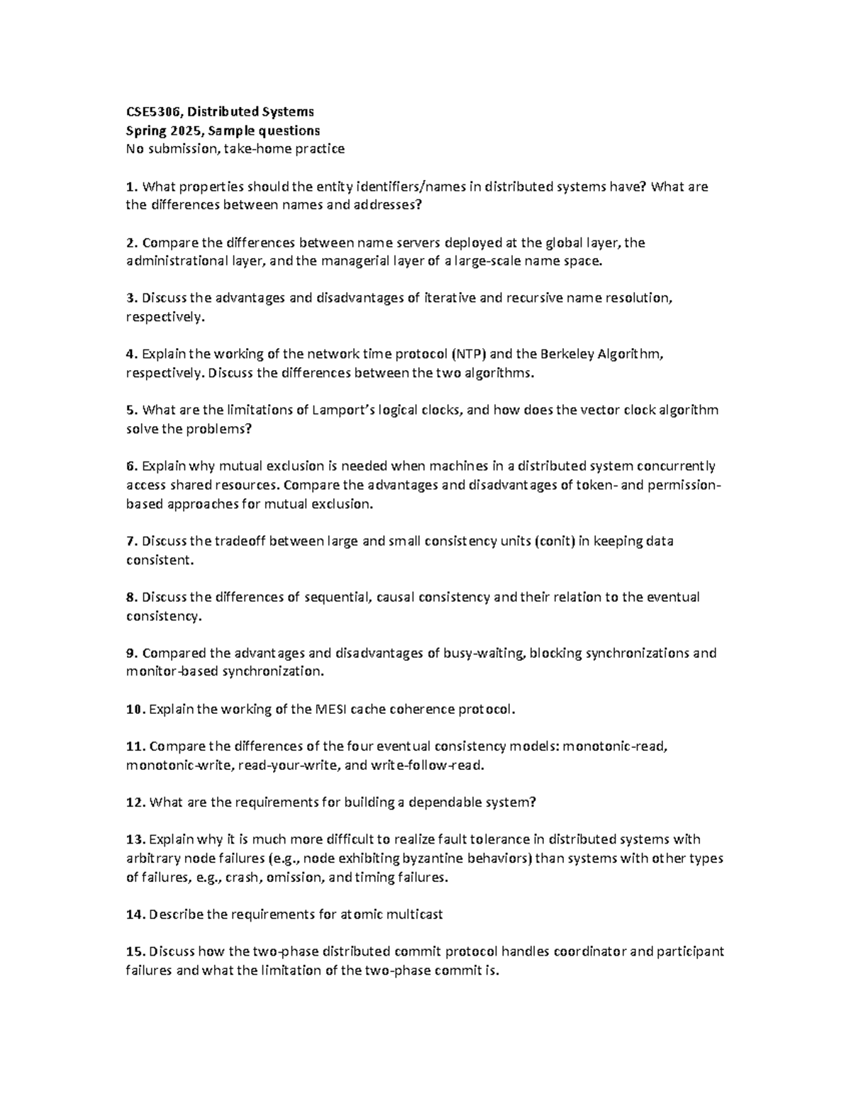 CSE5306, Distributed Systems Spring 2025, Practice Questions Set 1 ...