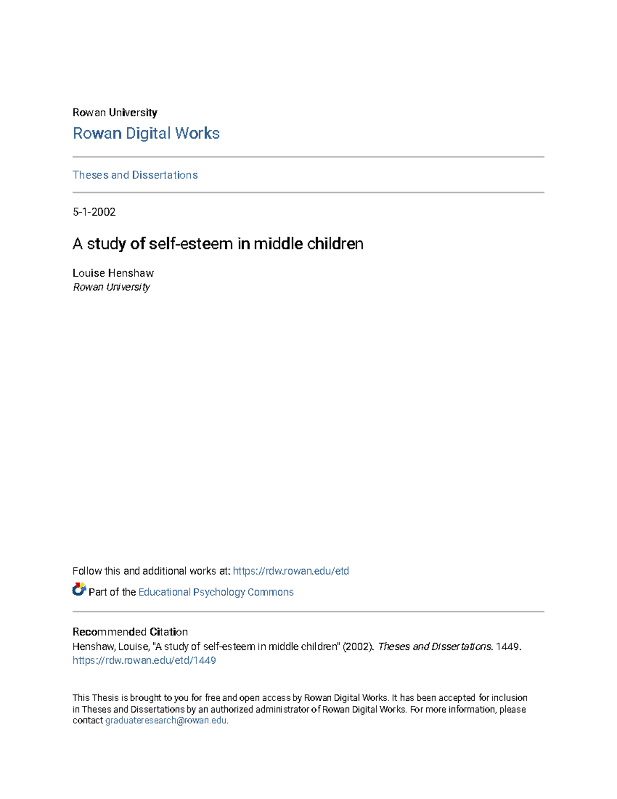 A Study of Self-Esteem in Middle Children (EDP 2002) - Studocu