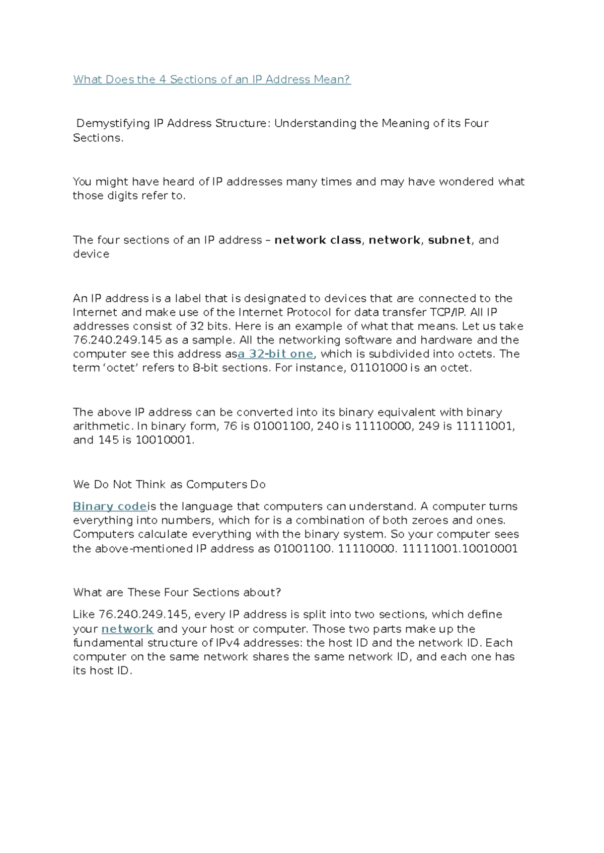 Understanding the Four Sections of an IP Address: A Guide - Studocu