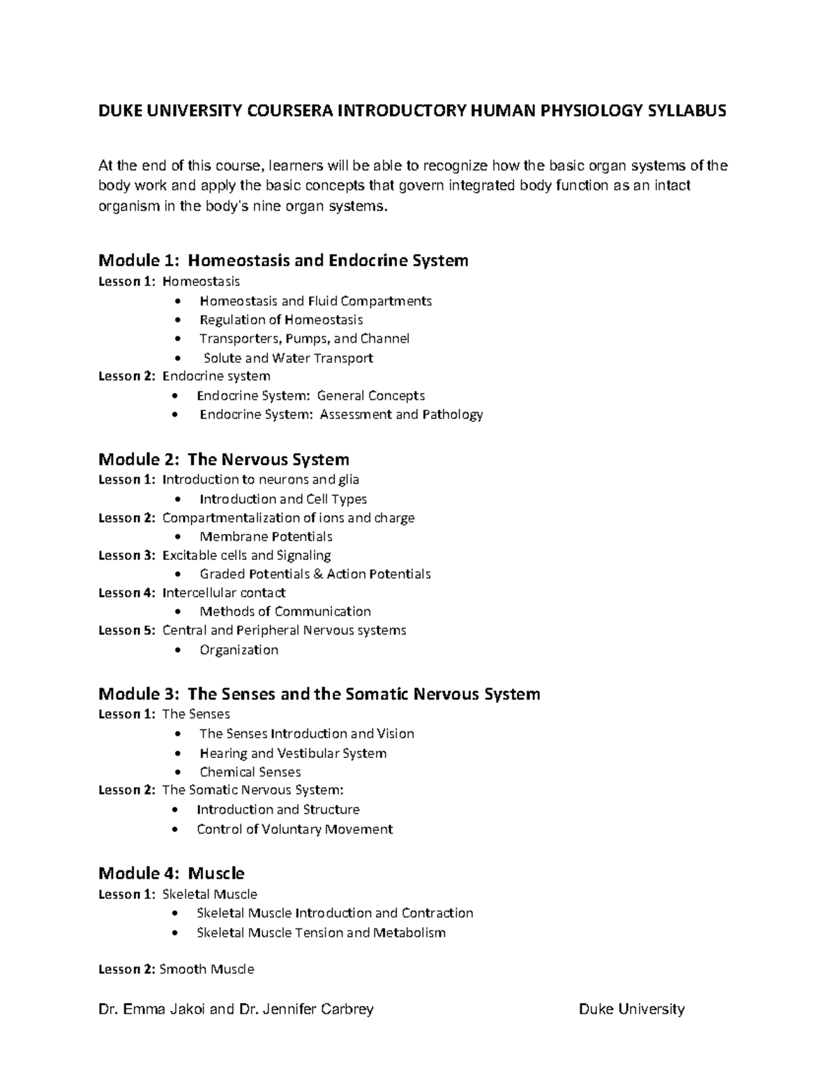 Introductory Human Physiology Syllabus - Dr. Emma Jakoi and Dr ...
