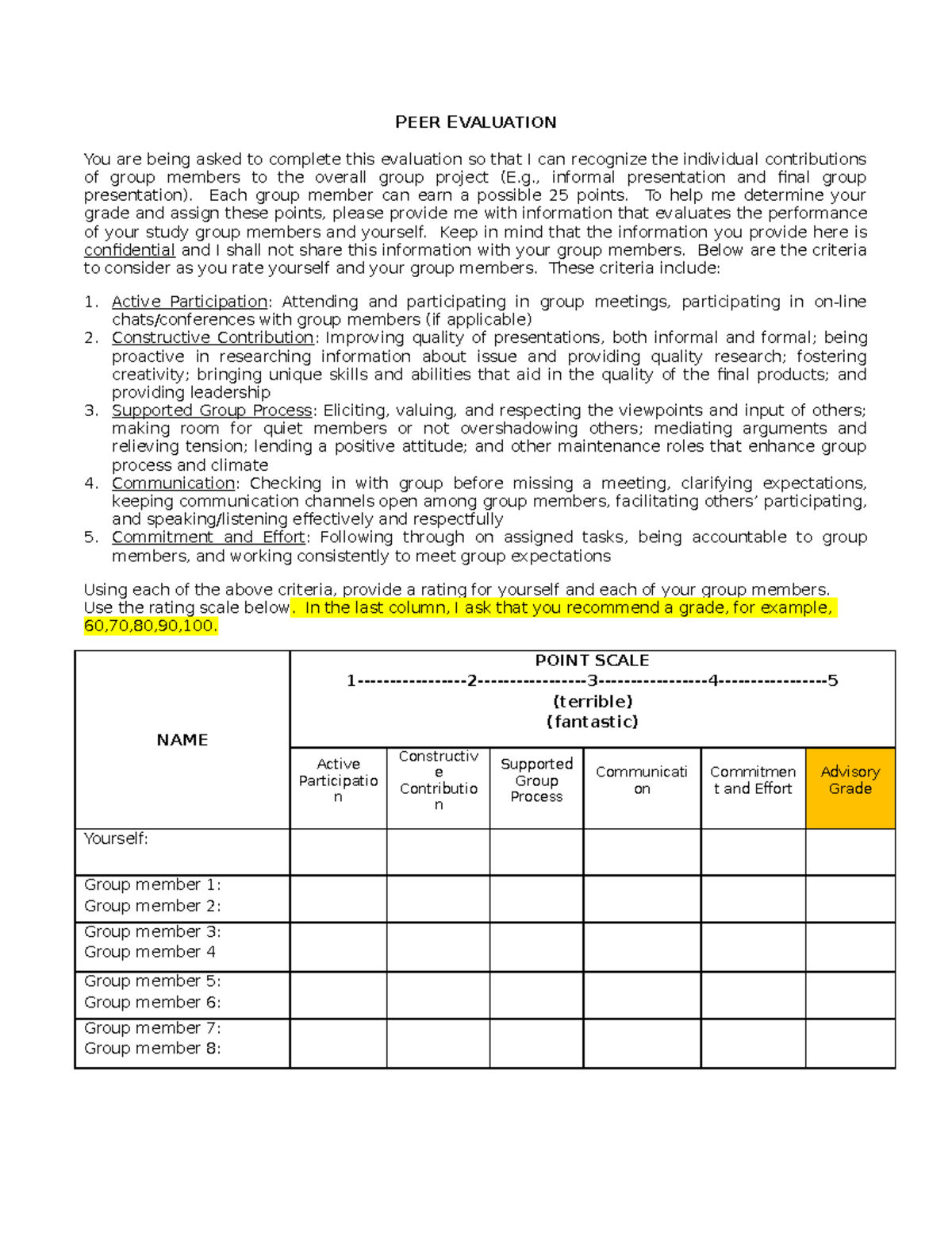 PEER Evaluation Sheet - PEER EVALUATION You are being asked to complete ...