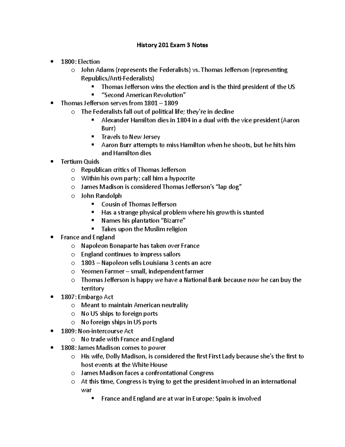 History 201 Exam 3 Study Notes: Jefferson to the War of 1812 - Studocu
