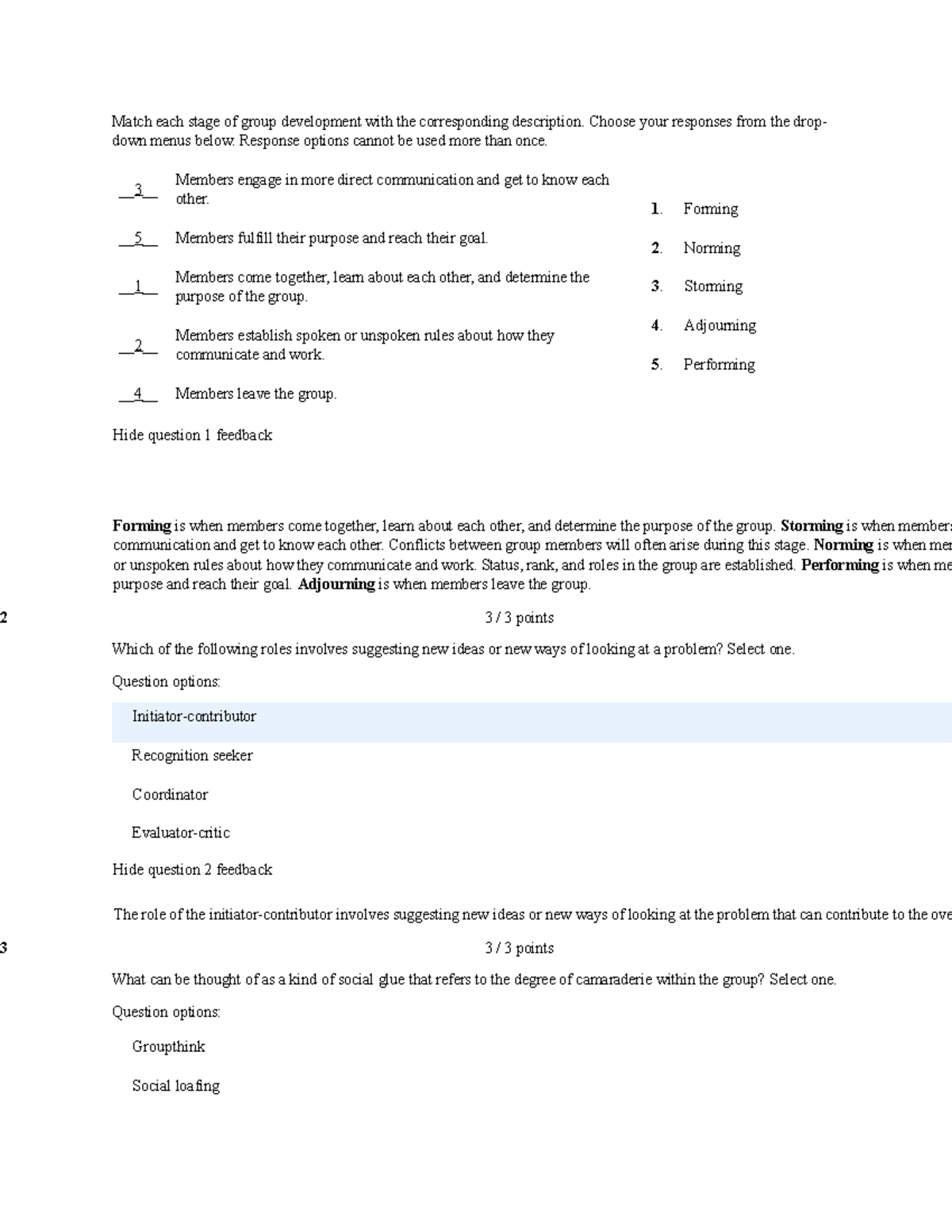 Quiz 1-2: Stages of Group Development & Team Dynamics Insights - Studocu