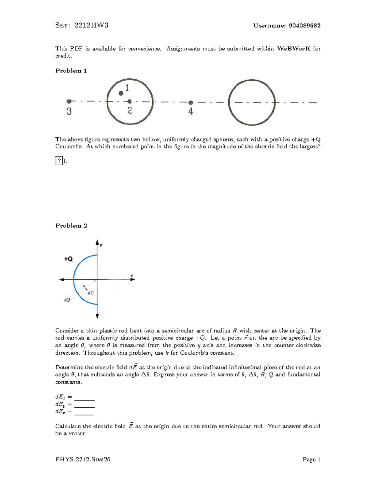 PHYS 2212 KL Summer 26 - Homework 3: Electric Field Problems - Studocu