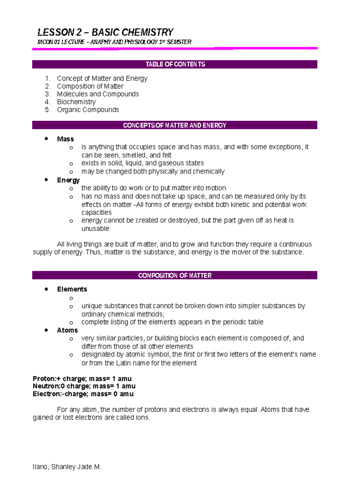 Lesson 2: Basic Chemistry Overview - MCON 01 Lecture - Studocu