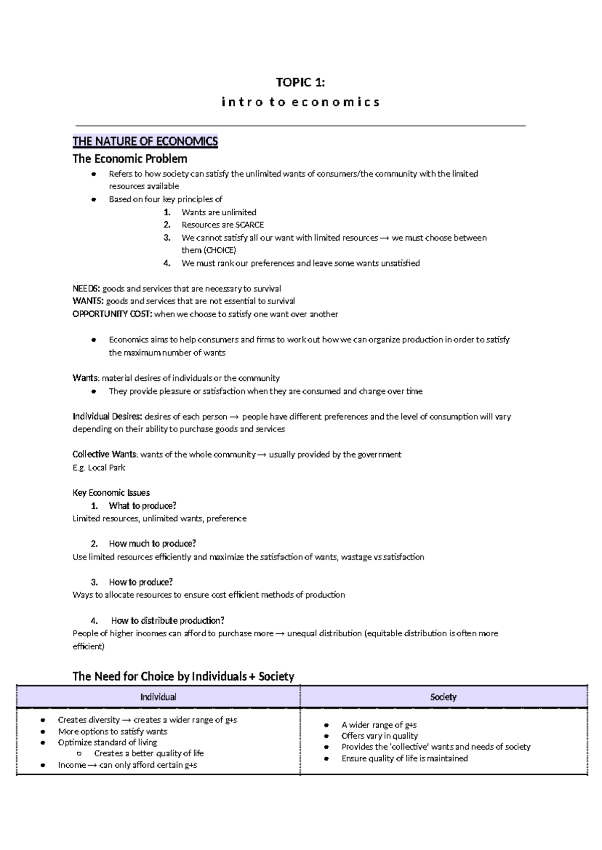 Detailed year 11 economic notes - TOPIC 1: i n t r o t o e c o n o m i ...