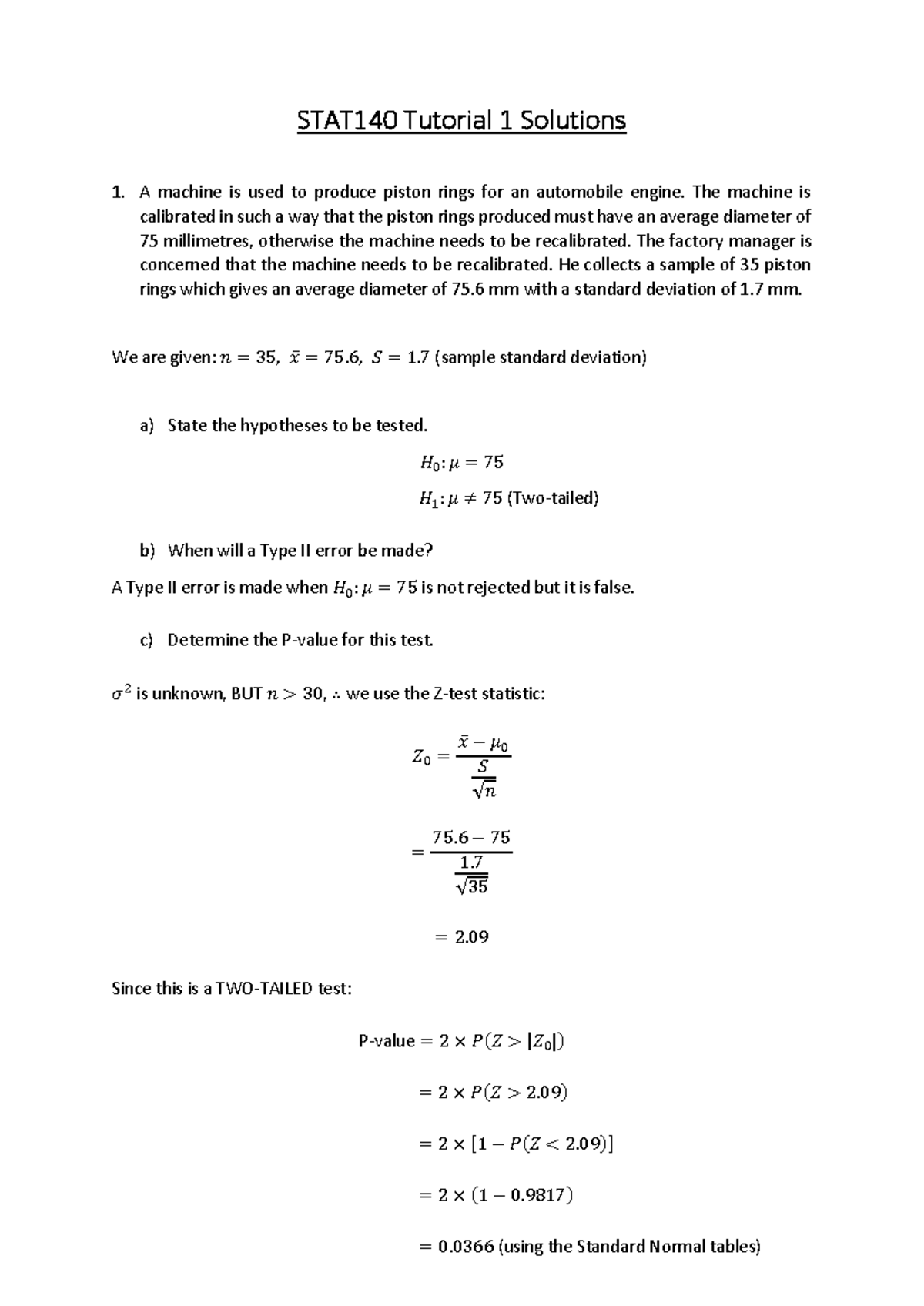 STAT140 Tutorial 1 Solutions - STAT 140 Tutorial 1 Solutions A machine ...
