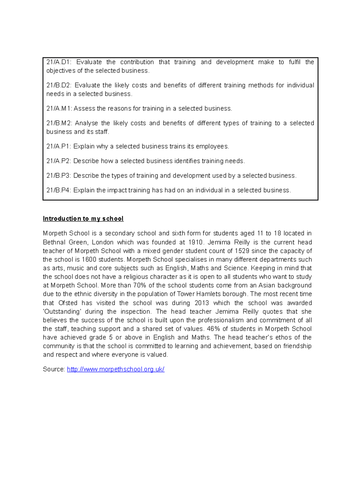 Unit 21 - Exemplar - 21/A: Evaluate the contribution that training and ...