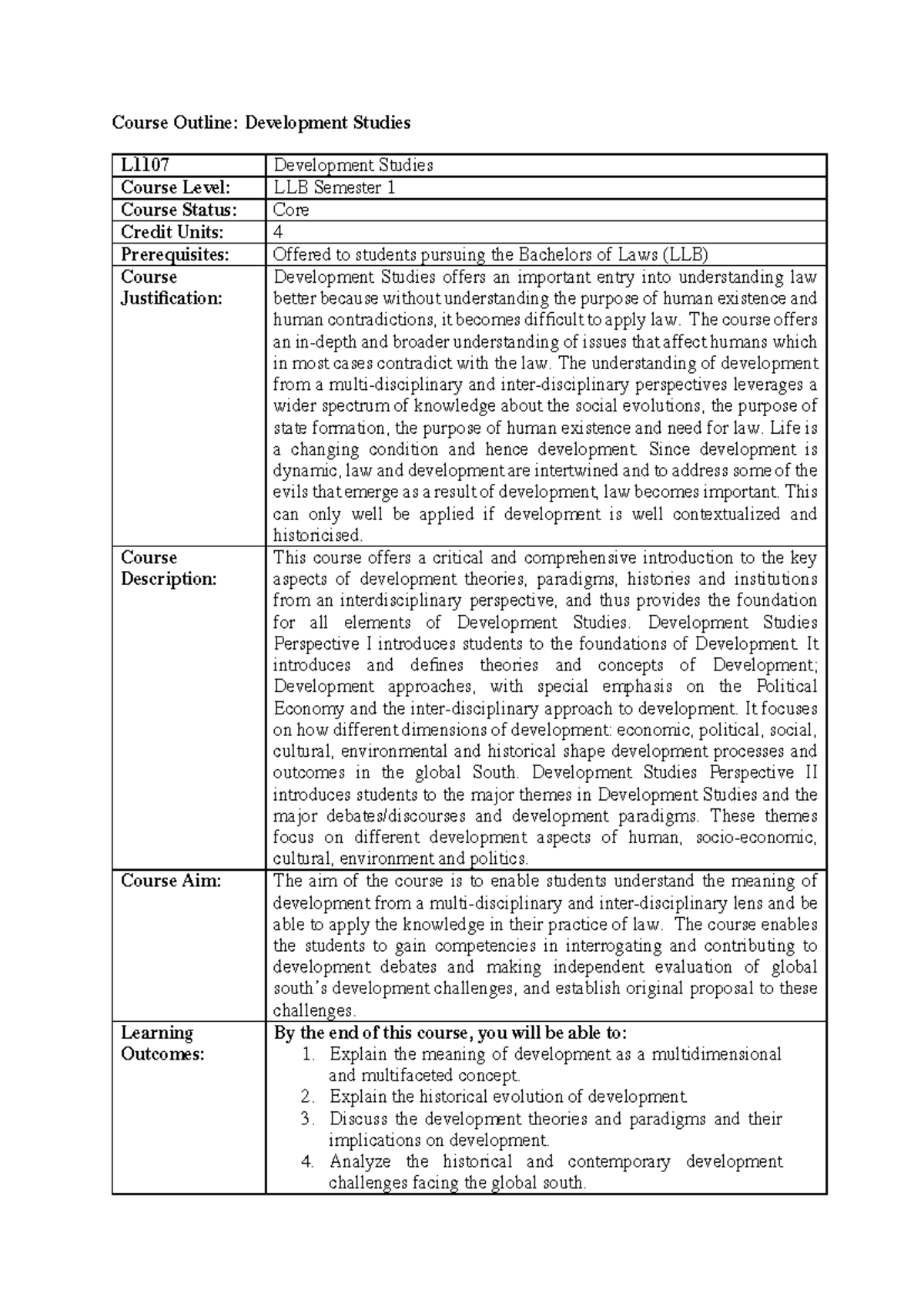 DVS L1107 Development Studies Course Outline and Reading List - Studocu