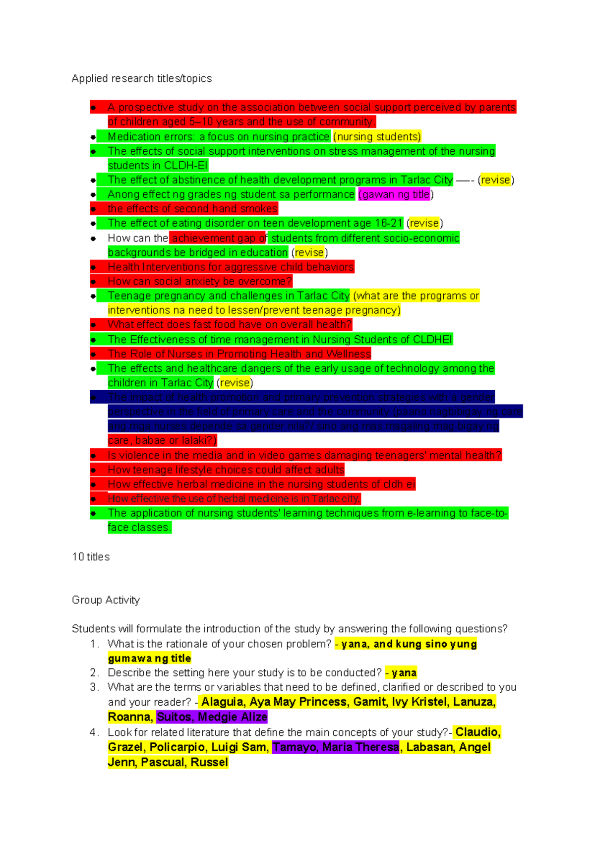 Applied Research Topics for Nursing Students in CLDH-EI - Studocu