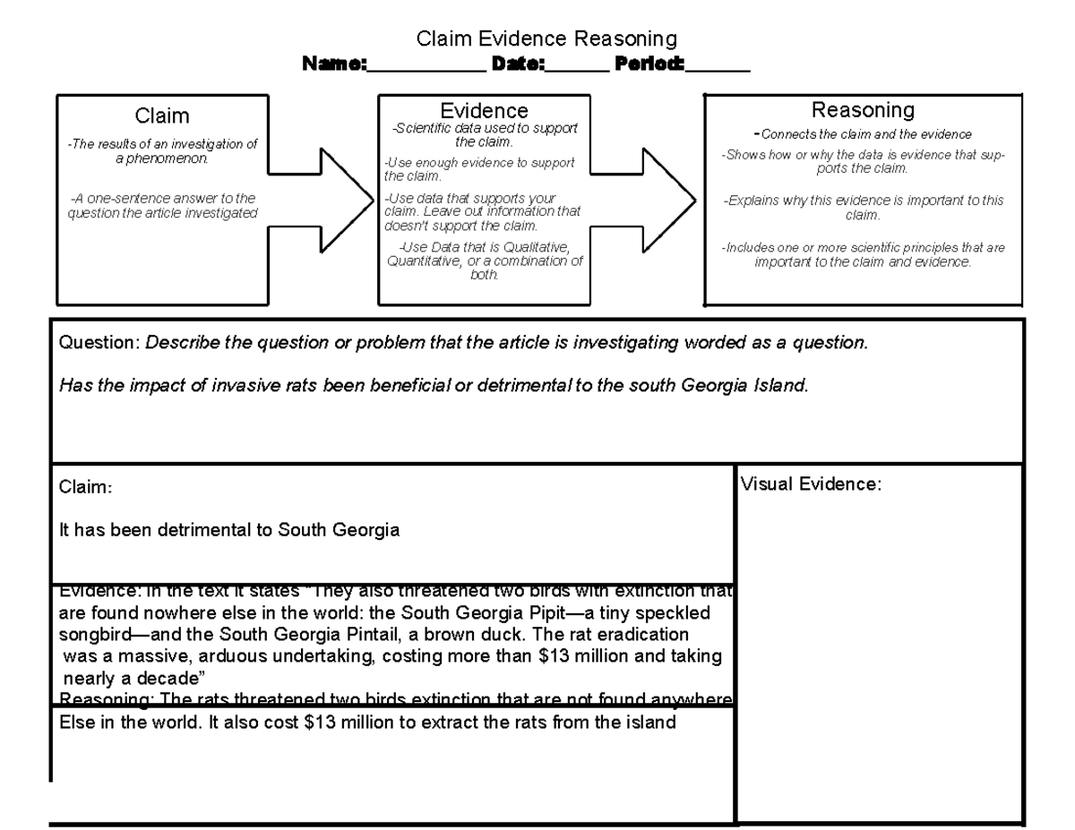 CER Graphic Organizer 2 Article ti - Claim Evidence Reasoning Name ...