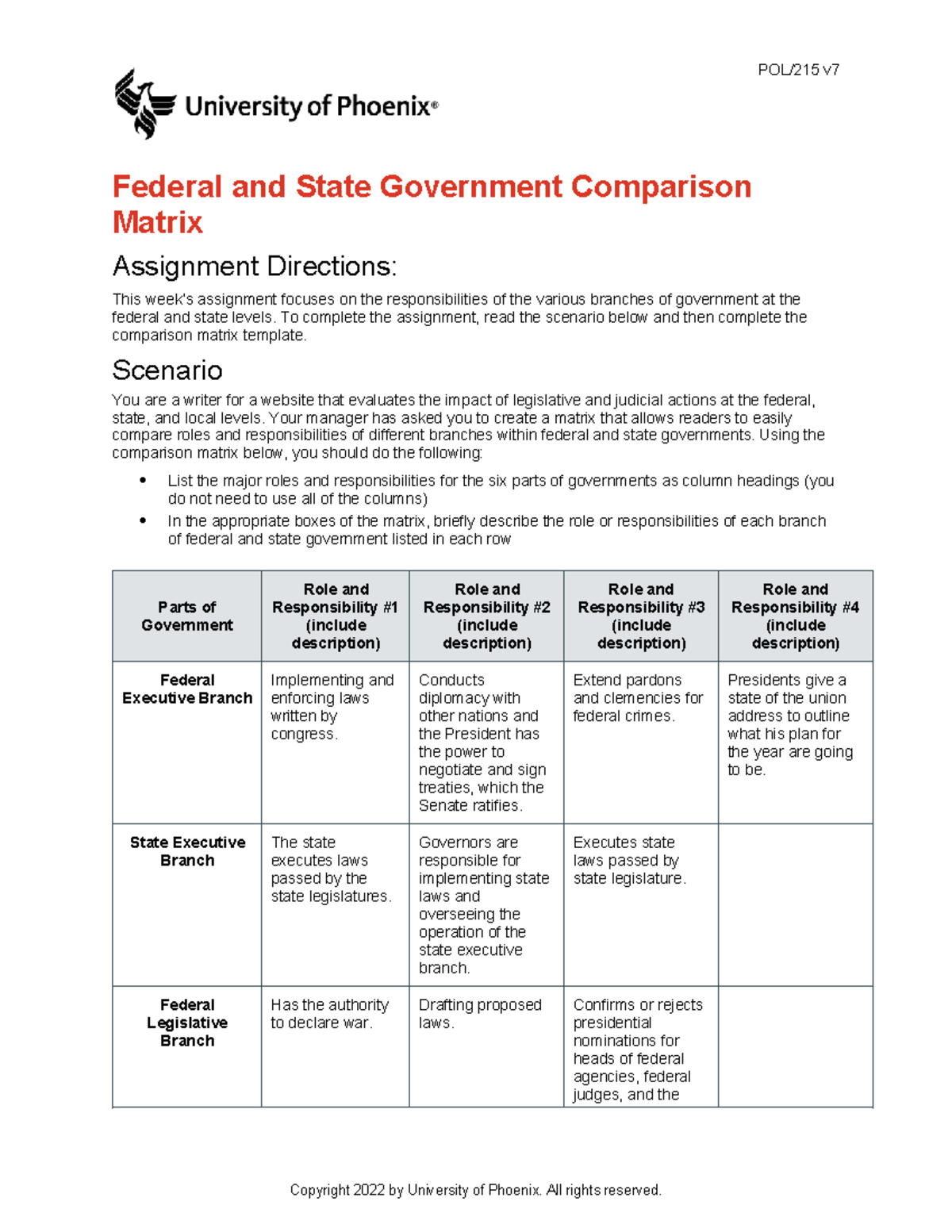 Pol215 v7 Week 2 Federal & State Government Comparison Matrix - Studocu