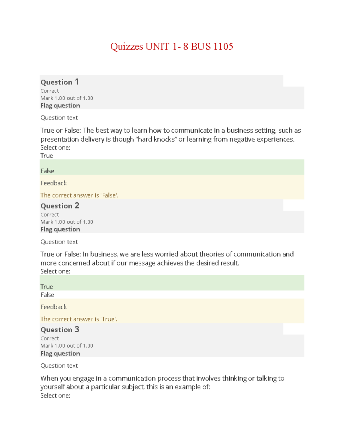 Quizzes UNIT 1- 8 BUS 1105 - Quizzes UNIT 1- 8 BUS 1105 Question 1 ...