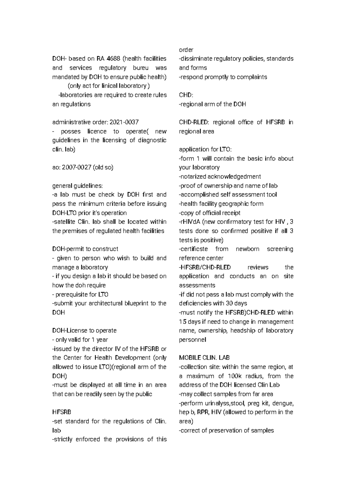 DOH RA 4688 Compliance Guidelines for Clinical Labs: Regulations Overview - Studocu