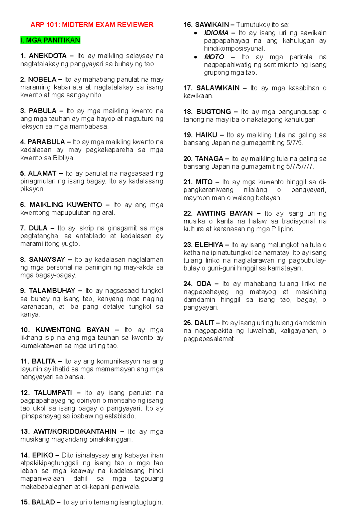 ARP-101-MIdterm-Exam- Reviewer - ARP 101: MIDTERM EXAM REVIEWER I. MGA PANITIKAN ANEKDOTA – Ito ...