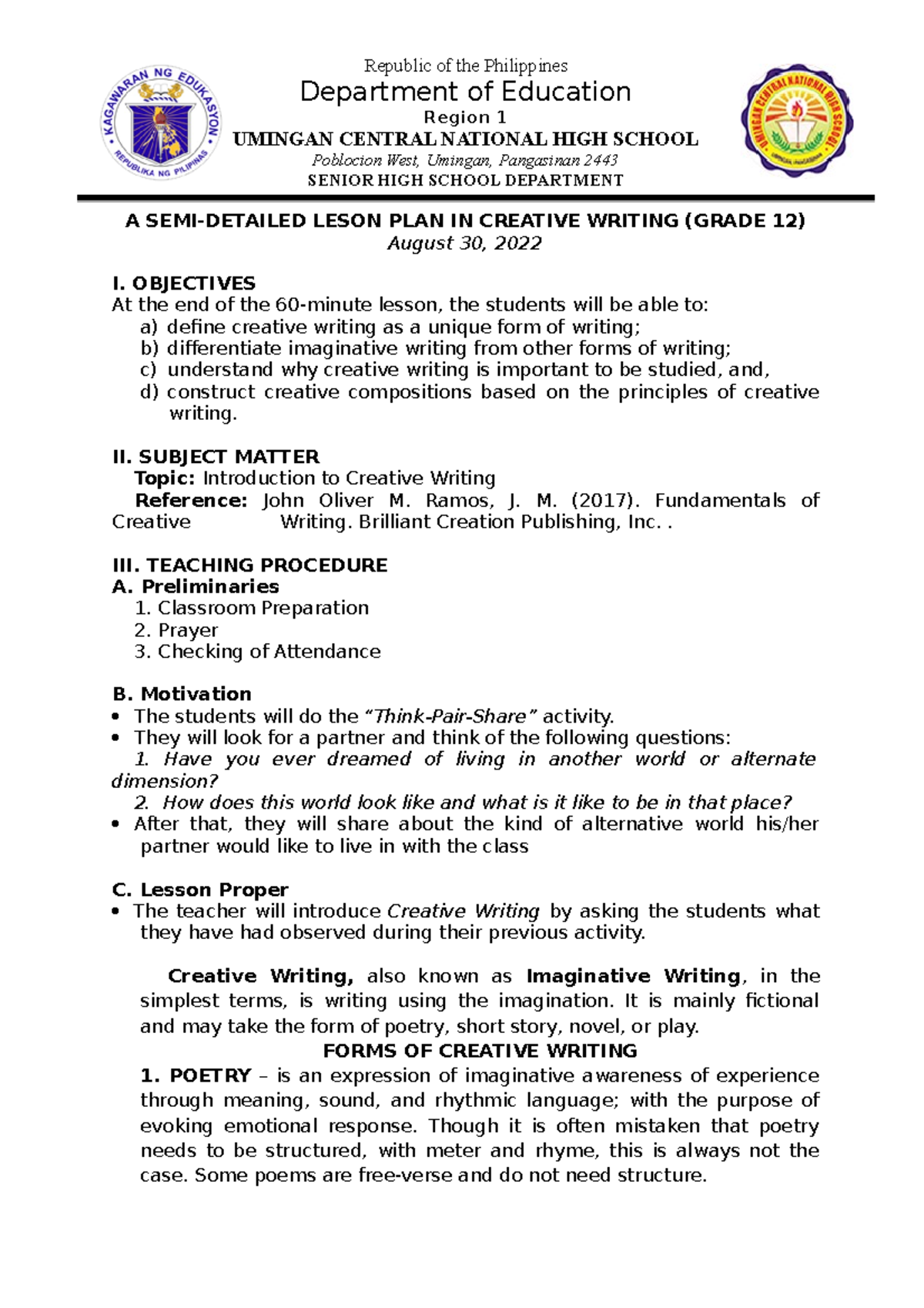 Lesson Plan for Creative Writing (Grade 12) - Week 1 - Studocu