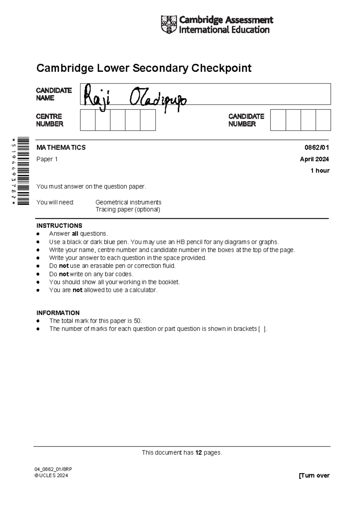 Cambridge Lower Secondary Checkpoint Mathematics Paper 1 April 2024 ...
