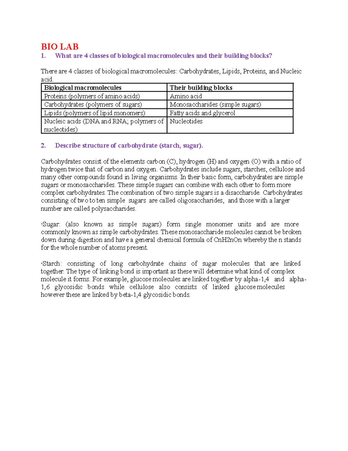 BIO 101: Final Exam Notes on Biological Macromolecules and Enzymes ...