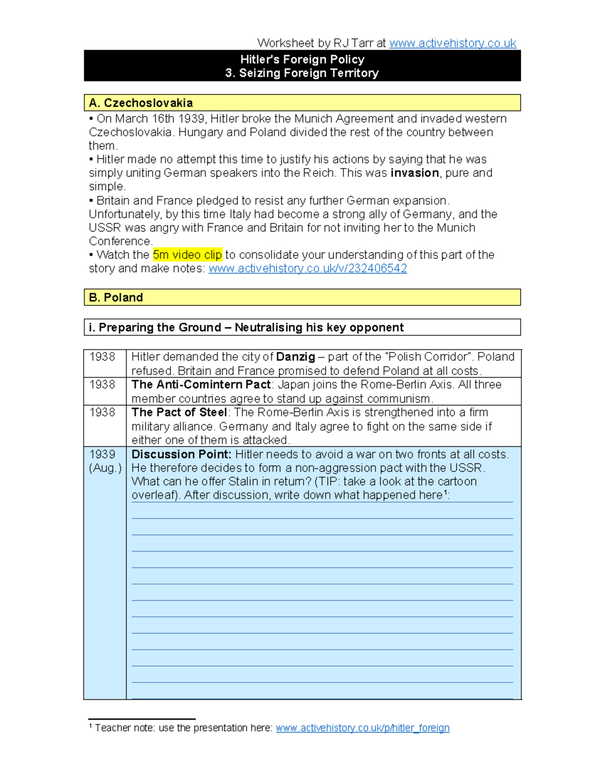 Worksheet RJ Tarr: Hitler's Foreign Policy & Invasion of Czechoslovakia ...